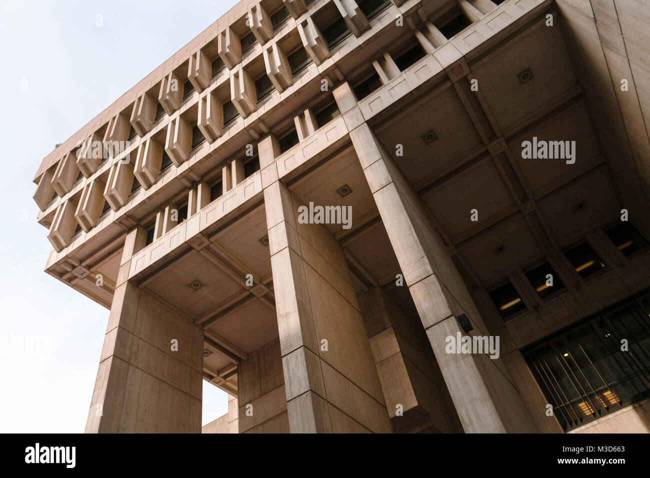 Detail of corner of the Boston City Hall, a famous Brutalist building ...