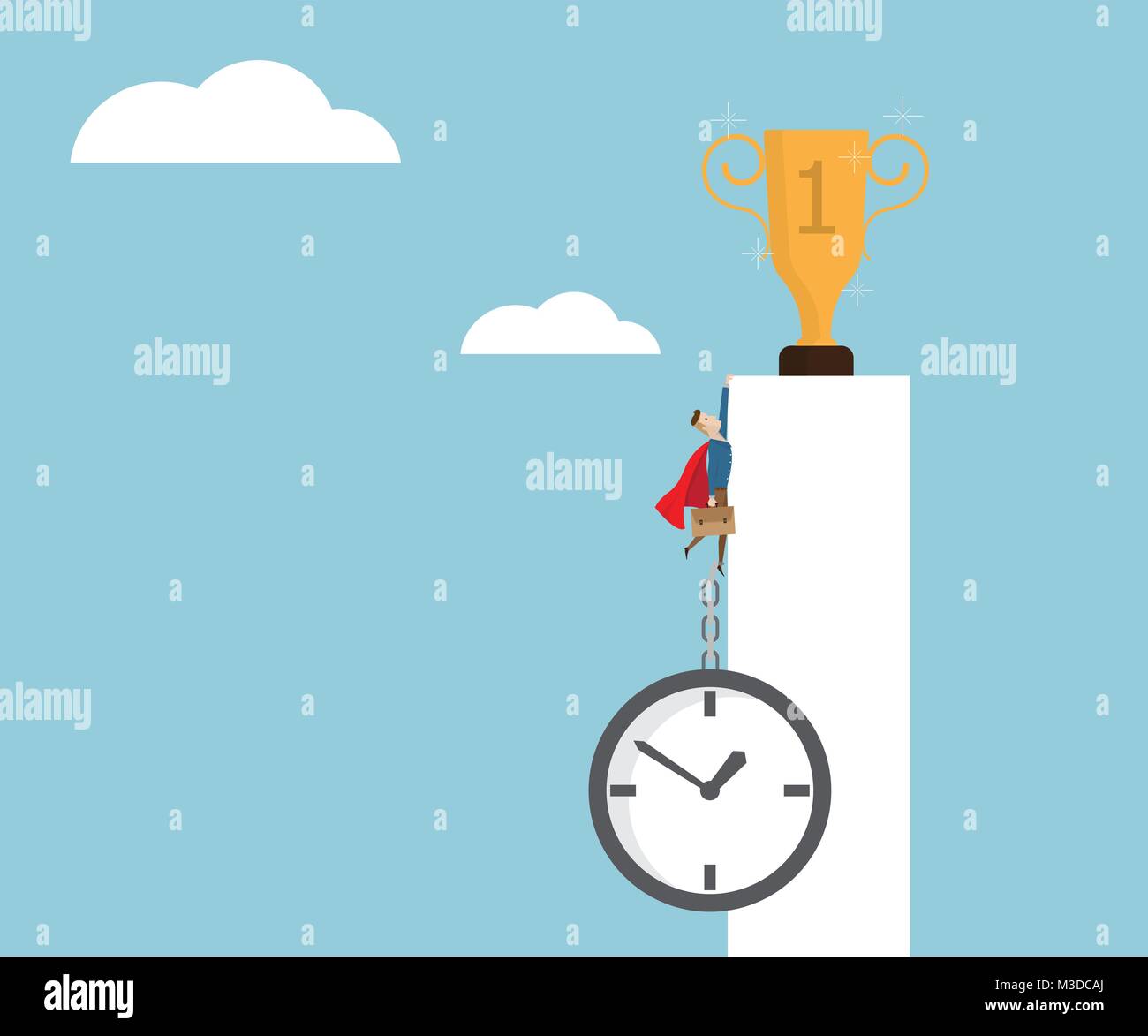 illustration of businessman hanging on pillar of success with clock ...