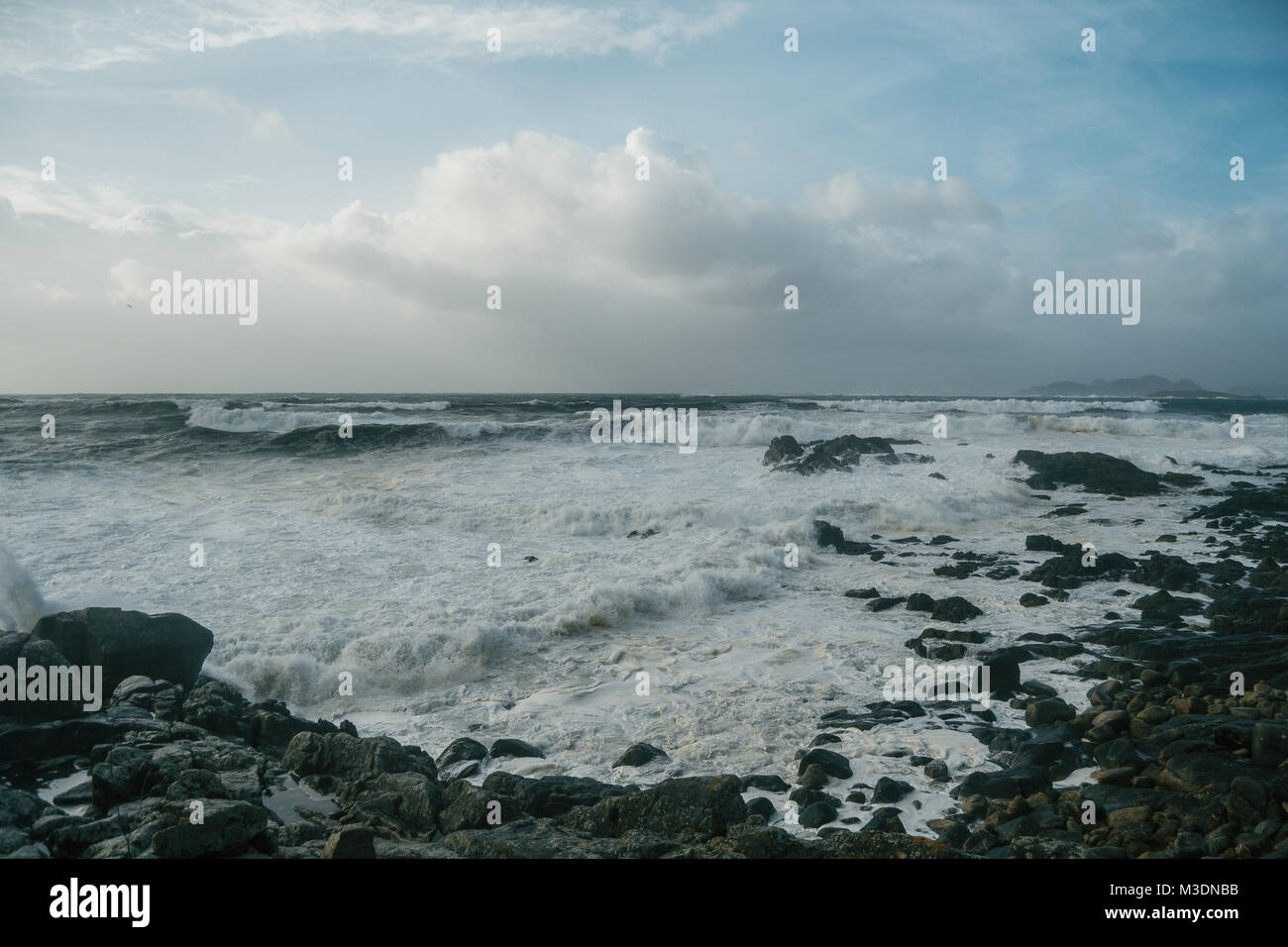 Coast with bad weather and waves from Baiona, Galicia Spain Stock Photo ...