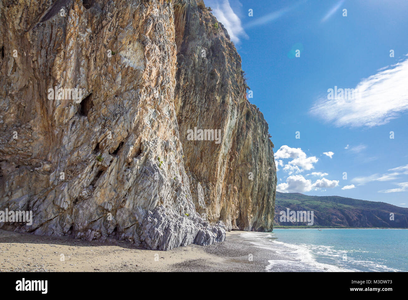 tall sharp cliff shooted from the water near at beach Stock Photo - Alamy
