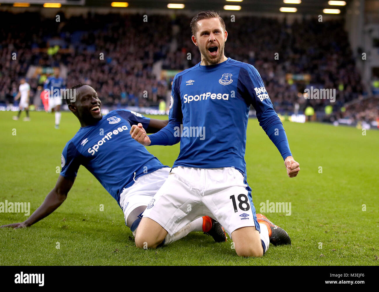 Everton's Gylfi Sigurdsson (right) celebrates scoring his side's first ...