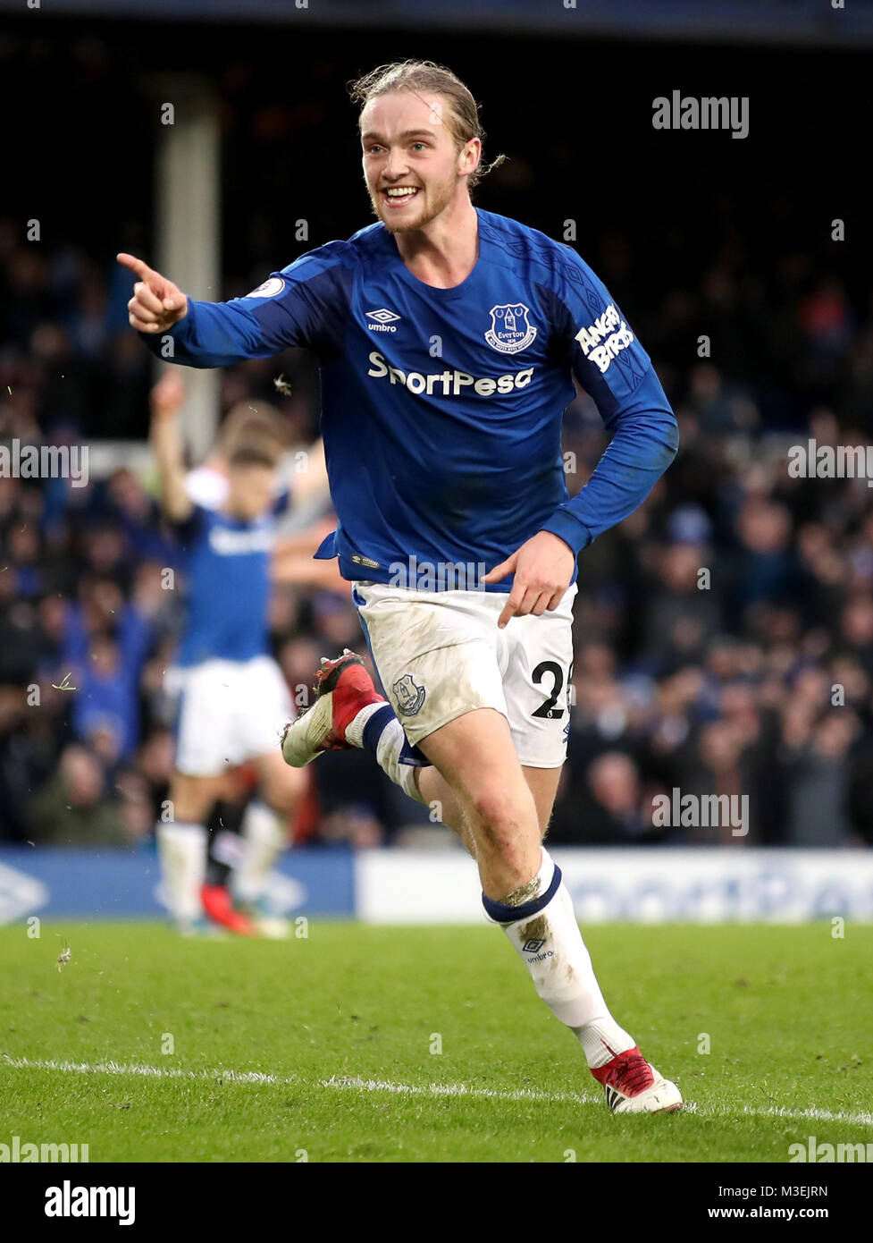 Everton's Tom Davies celebrates scoring his side's third goal of the ...