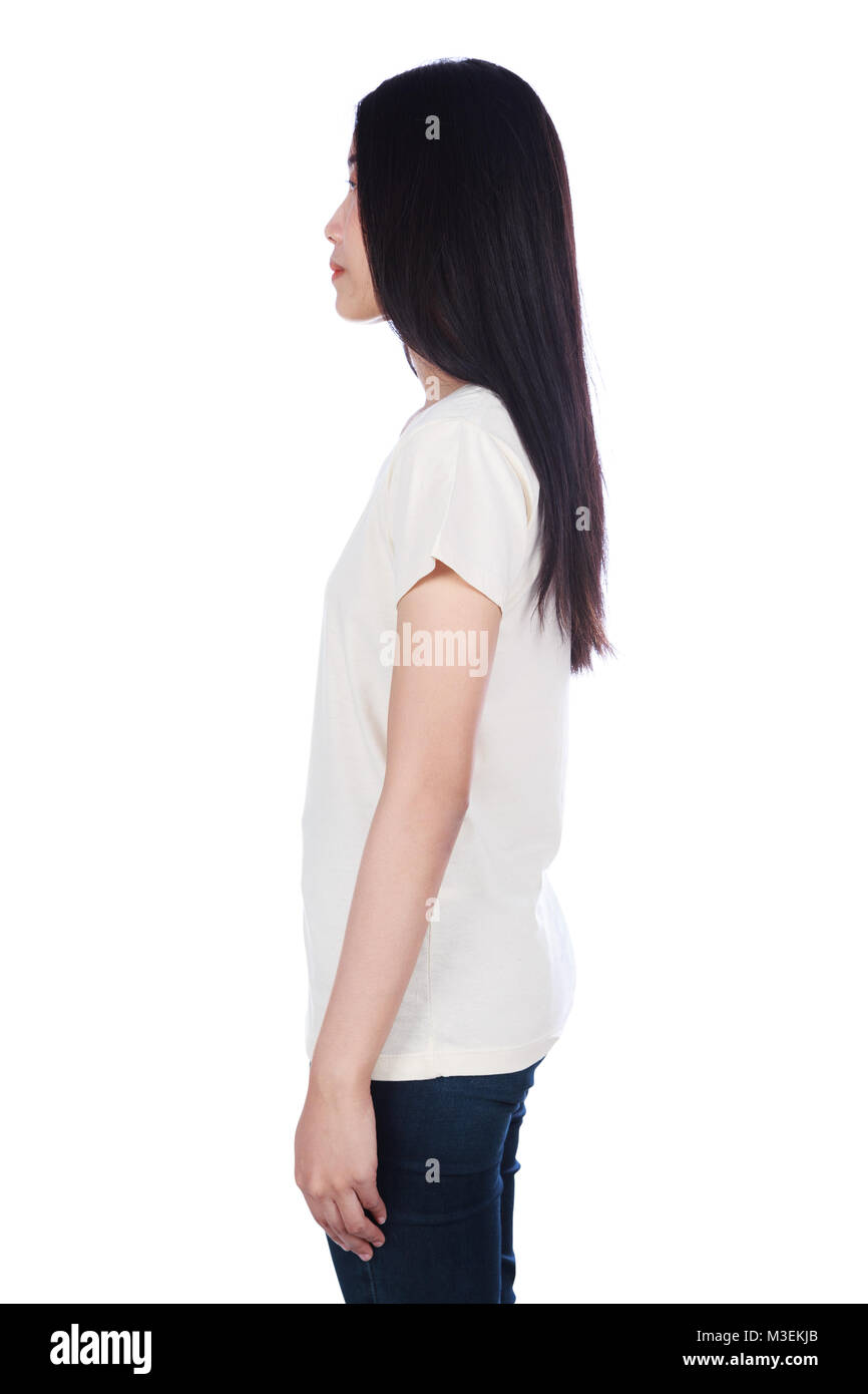 woman in white t-shirt isolated on a white background (side view Stock ...