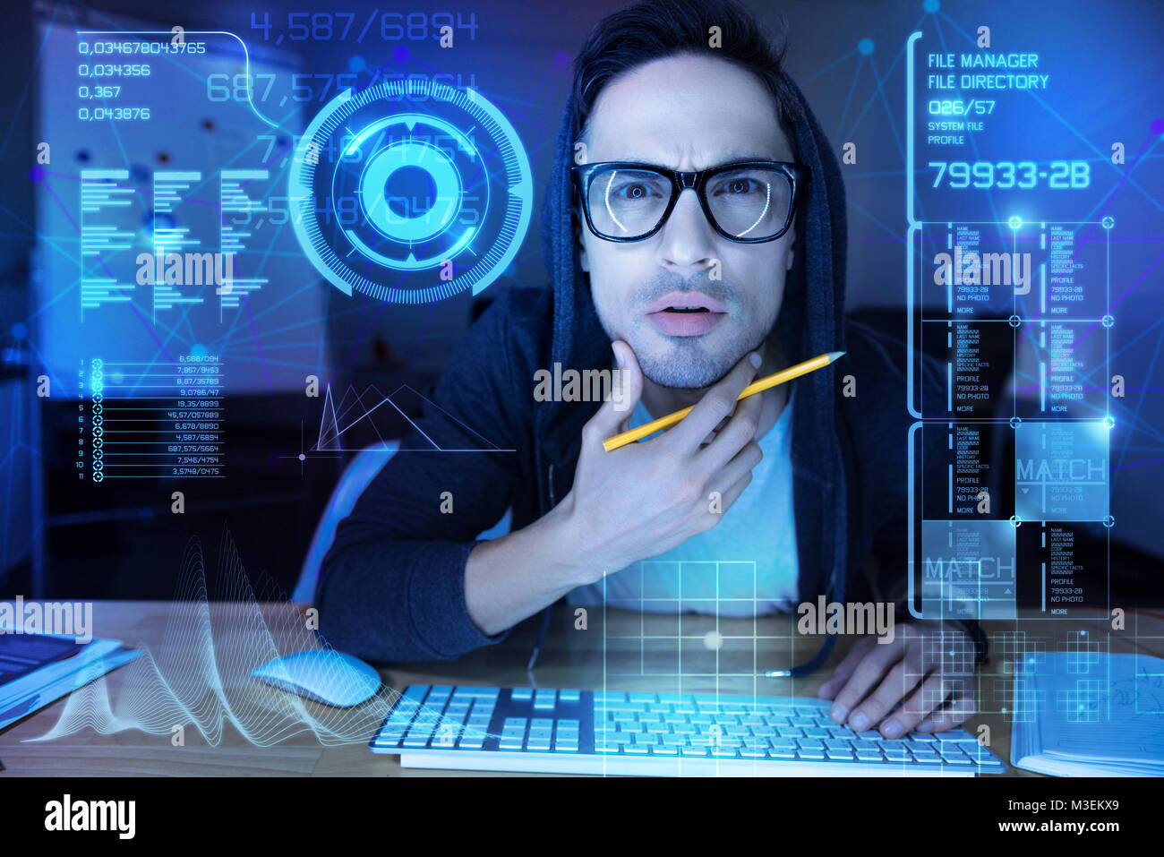 Suspicious programmer touching his chin while looking at the ... Suspicious programmer touching his chin while looking at the ...