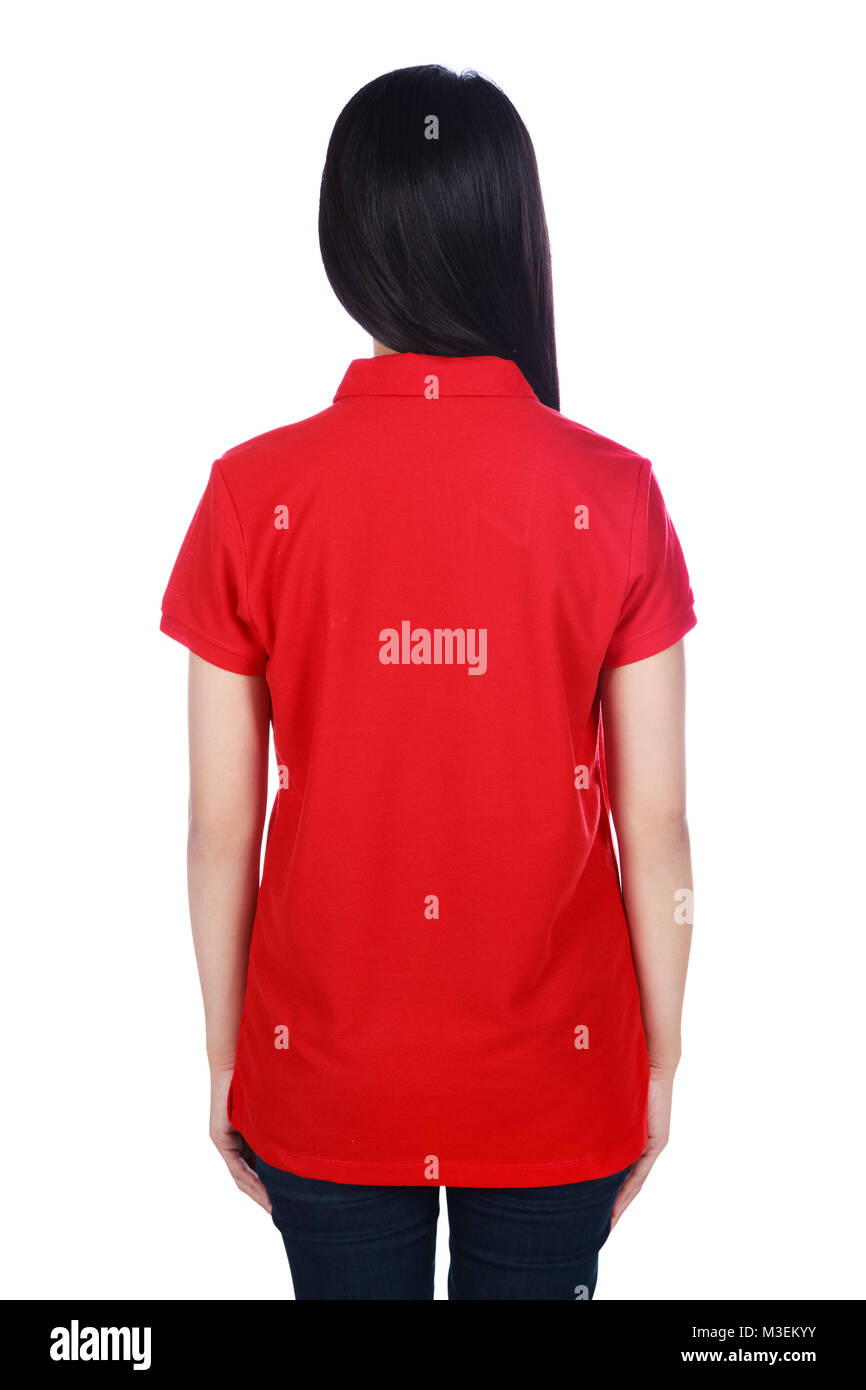 woman in red polo shirt isolated on a white background (rear view Stock ...