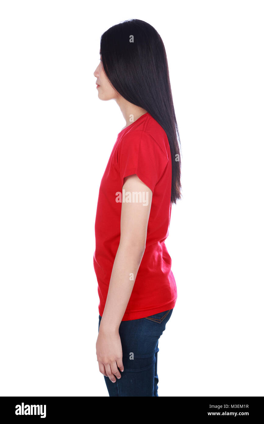 woman in red t-shirt isolated on a white background (side view Stock ...