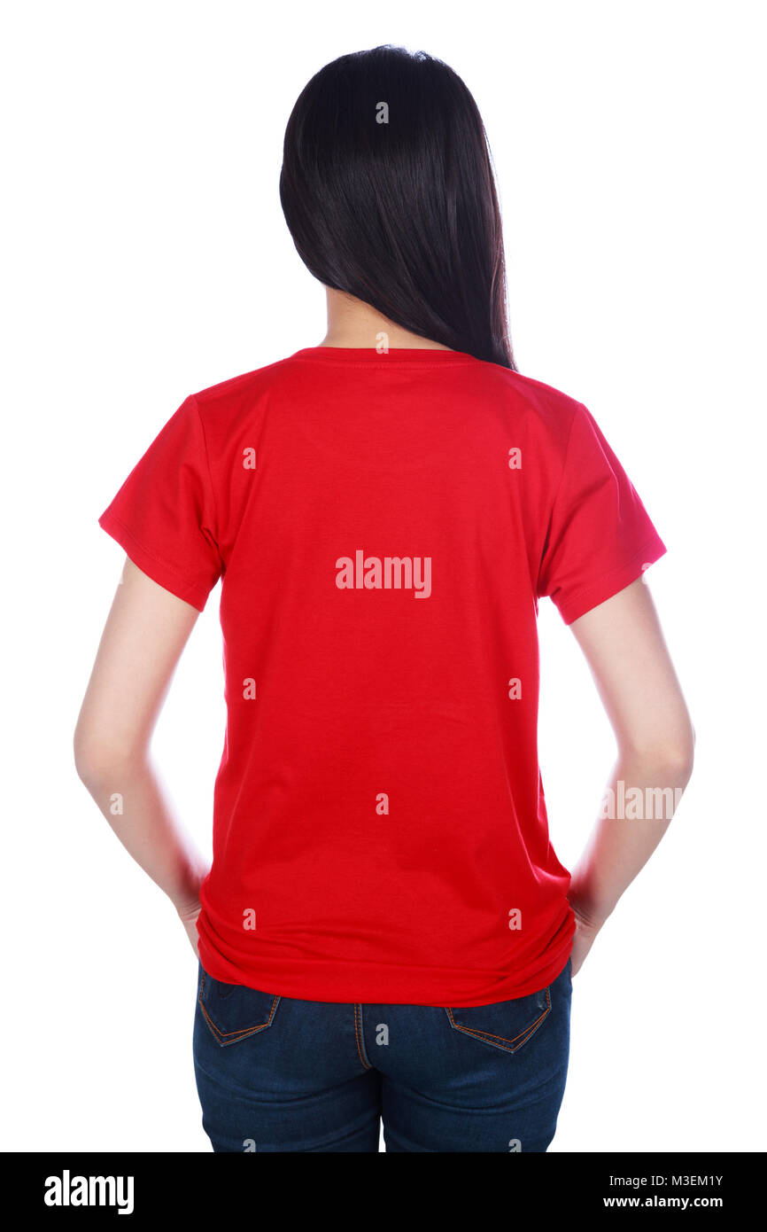 woman in red t-shirt isolated on a white background (rear view Stock ...