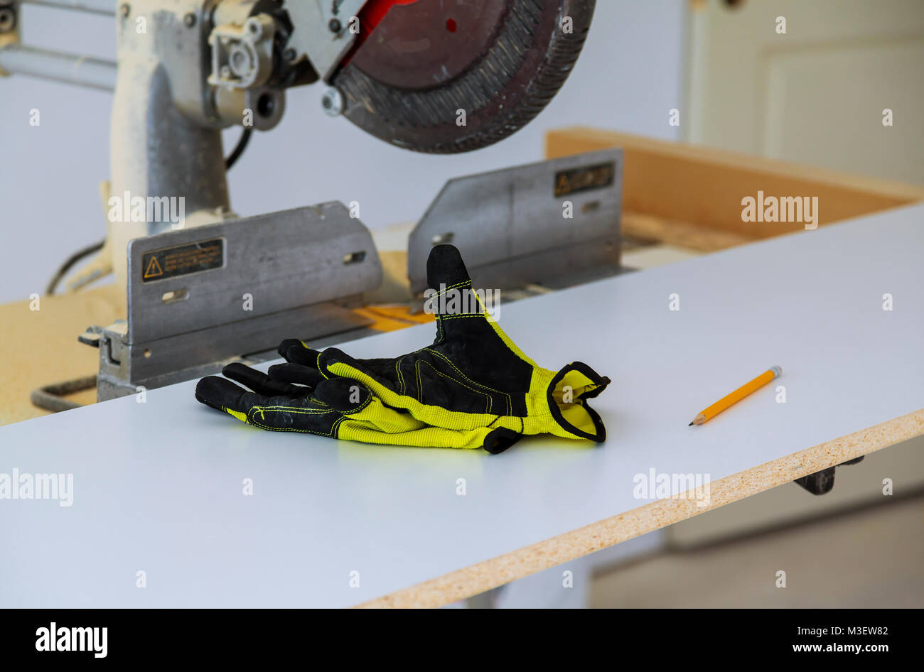 Construction Gear workers power saw and safety tools tool tape measure ...