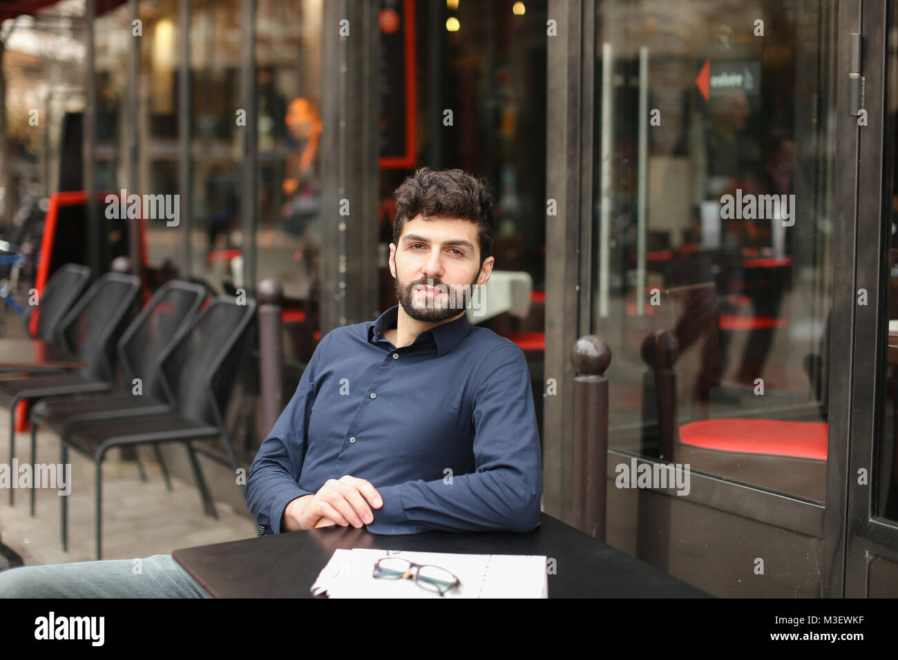 Male model with close up face looking at camera and smiling in Stock ...