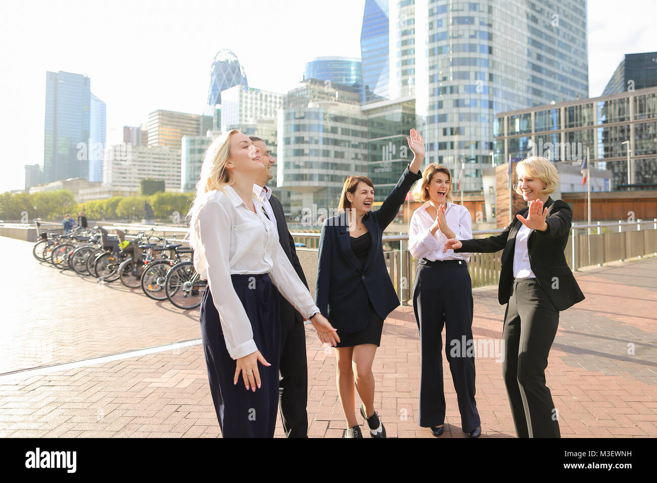 Successful business team greeting each other with good result ou Stock ...