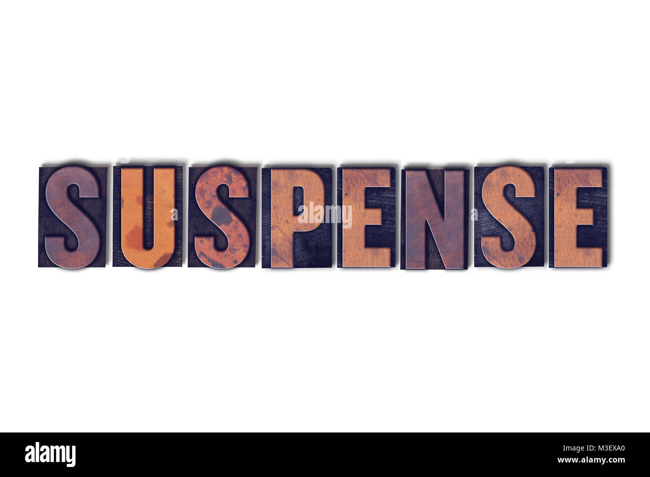 The word Suspense concept and theme written in vintage wooden ...