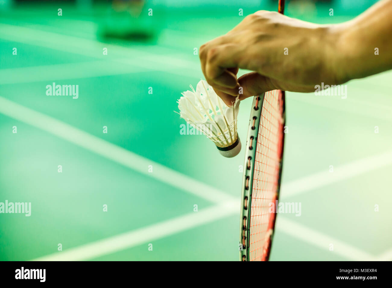 Closeup Badminton player hand holding the shuttle cock together with ...