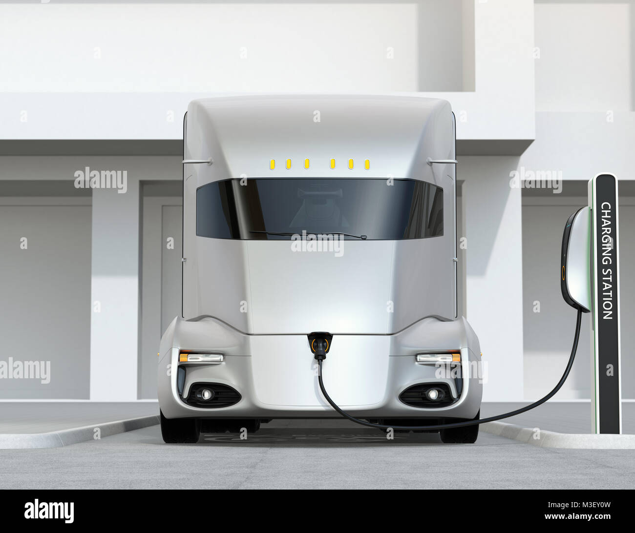 Front view of electric truck charging at charging station. 3D rendering ...