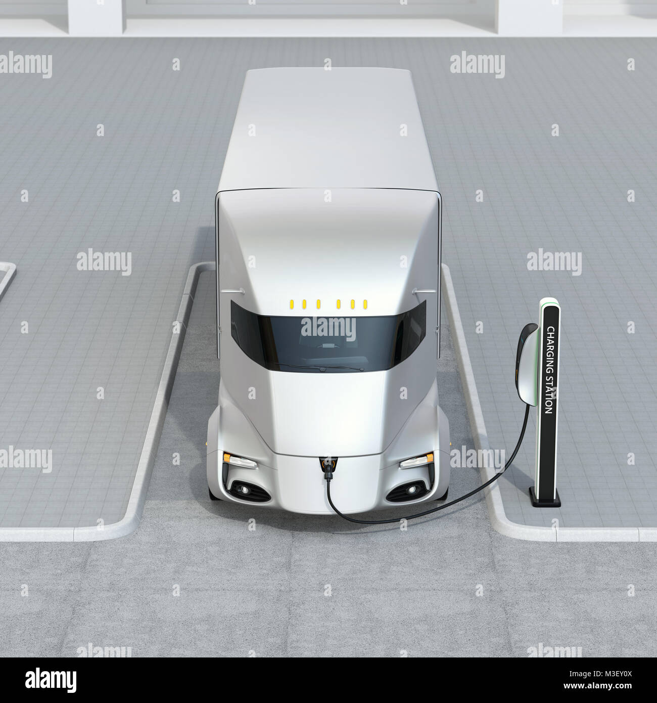 Front view of black electric truck charging at charging station. 3D ...