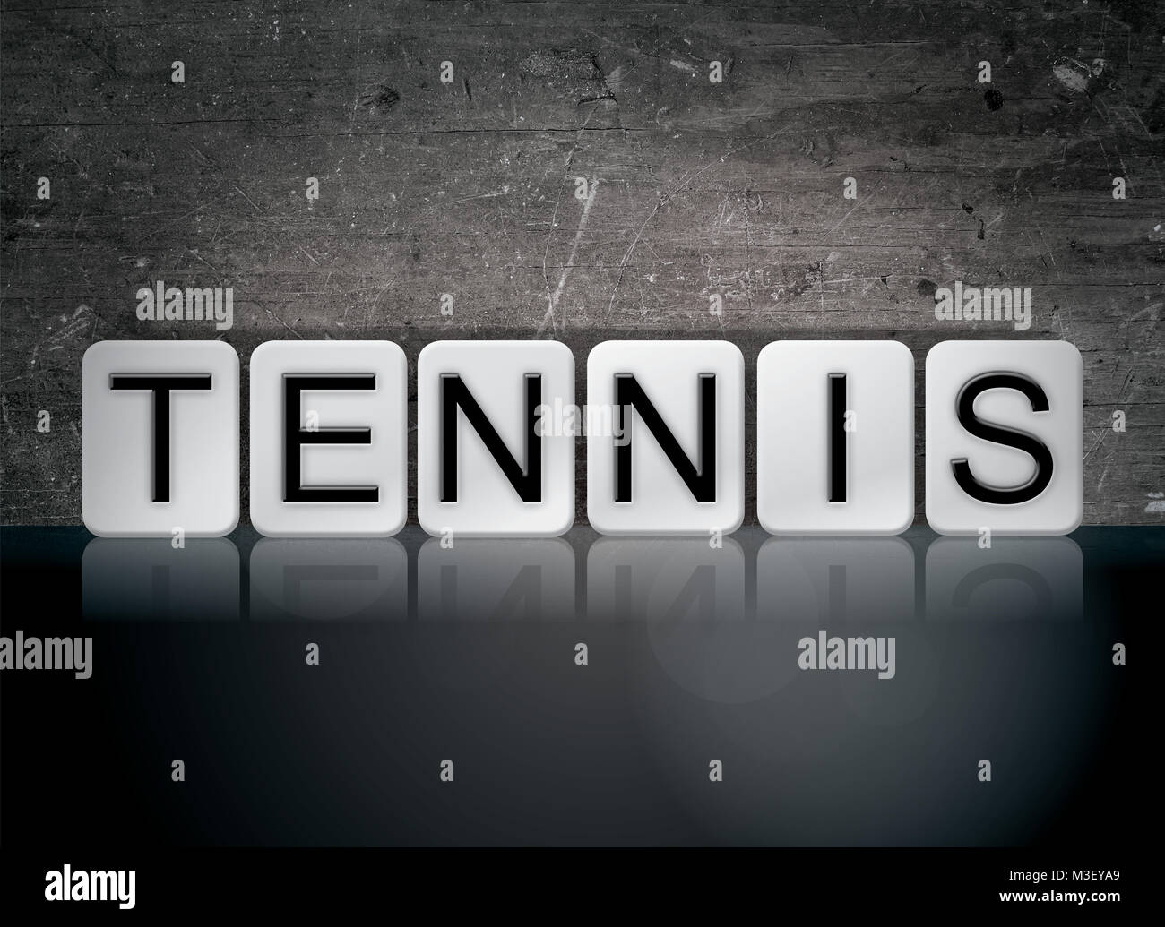 The word Tennis concept and theme written in white tiles on a dark ...