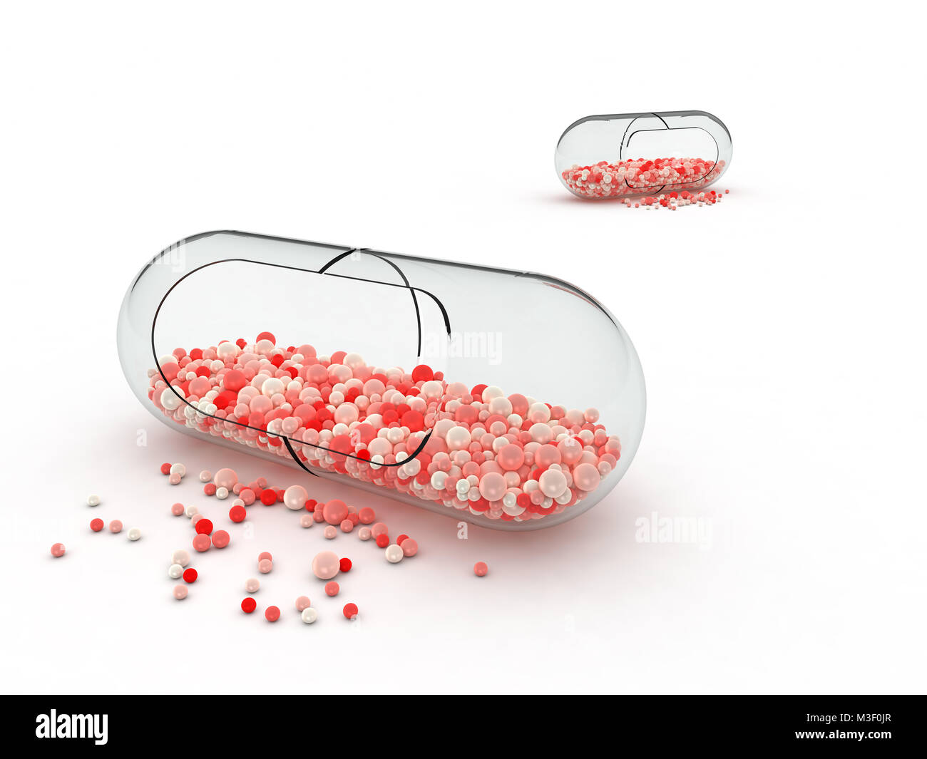 Close-up of medical capsules isolated on white background. 3D rendering ...