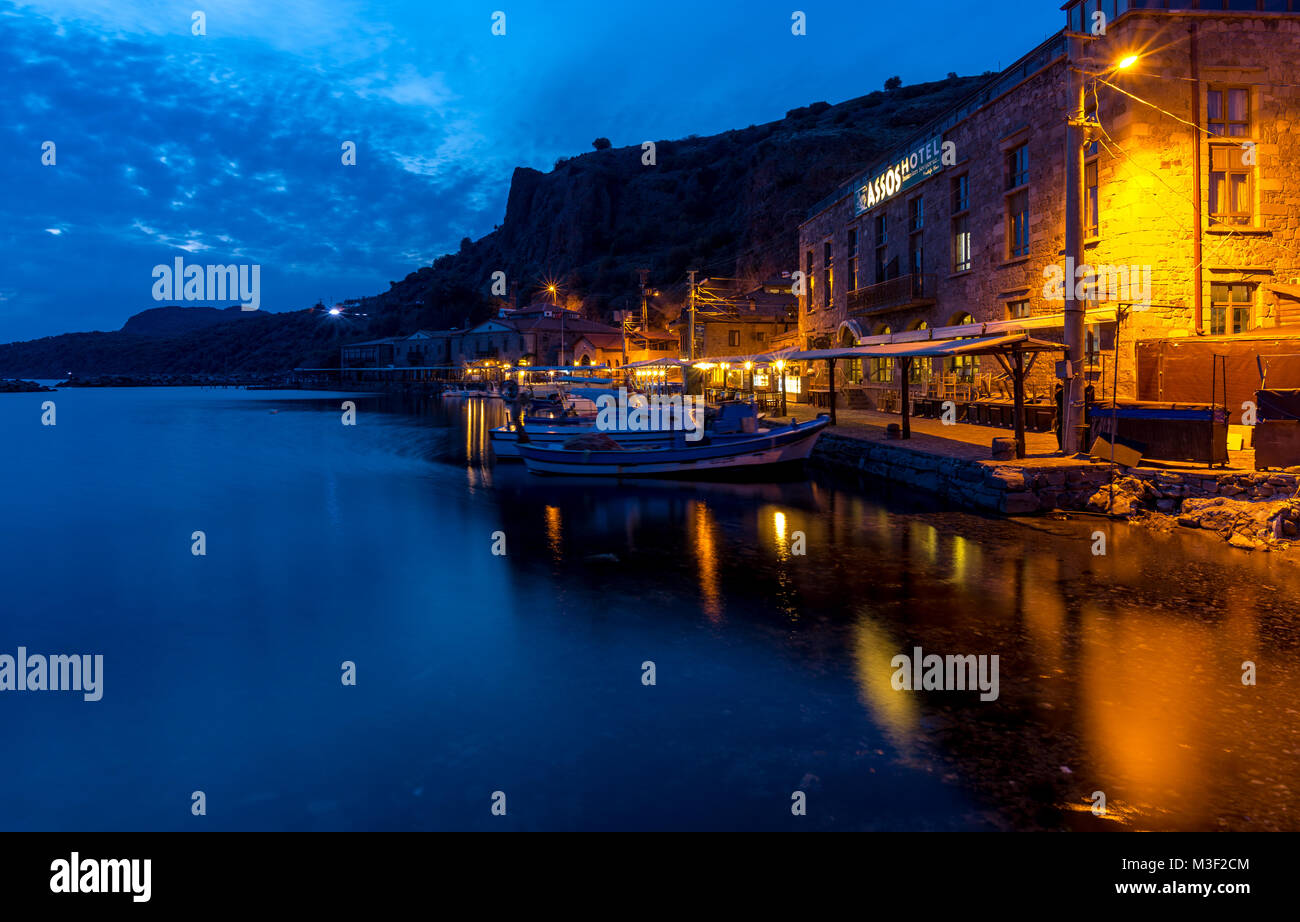 Night view at Assos harbor, Behramkale, Canakkale Stock Photo - Alamy