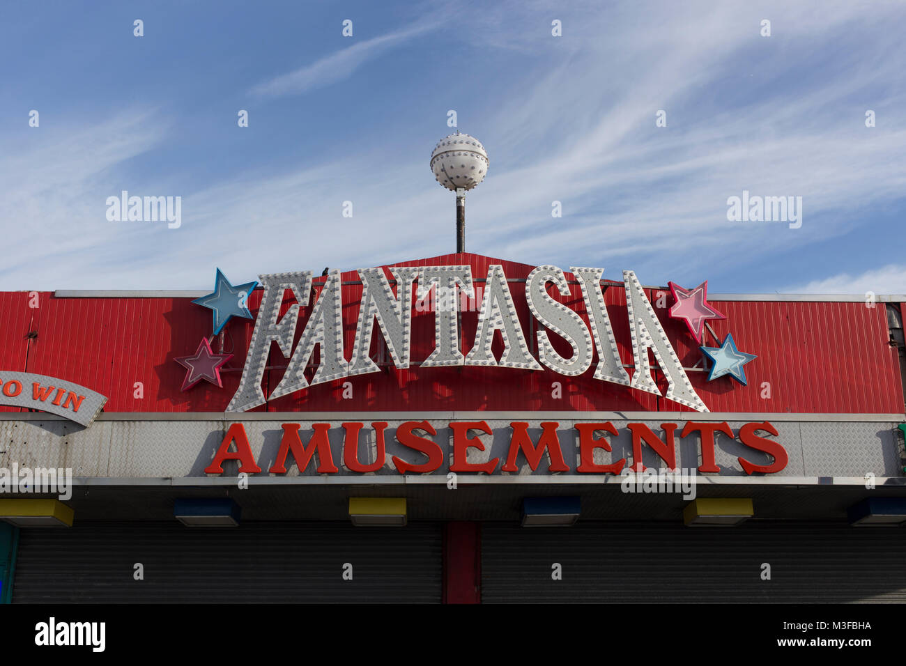 Sign / fascia of Fantasia Amusements arcade, in the seaside town of ...
