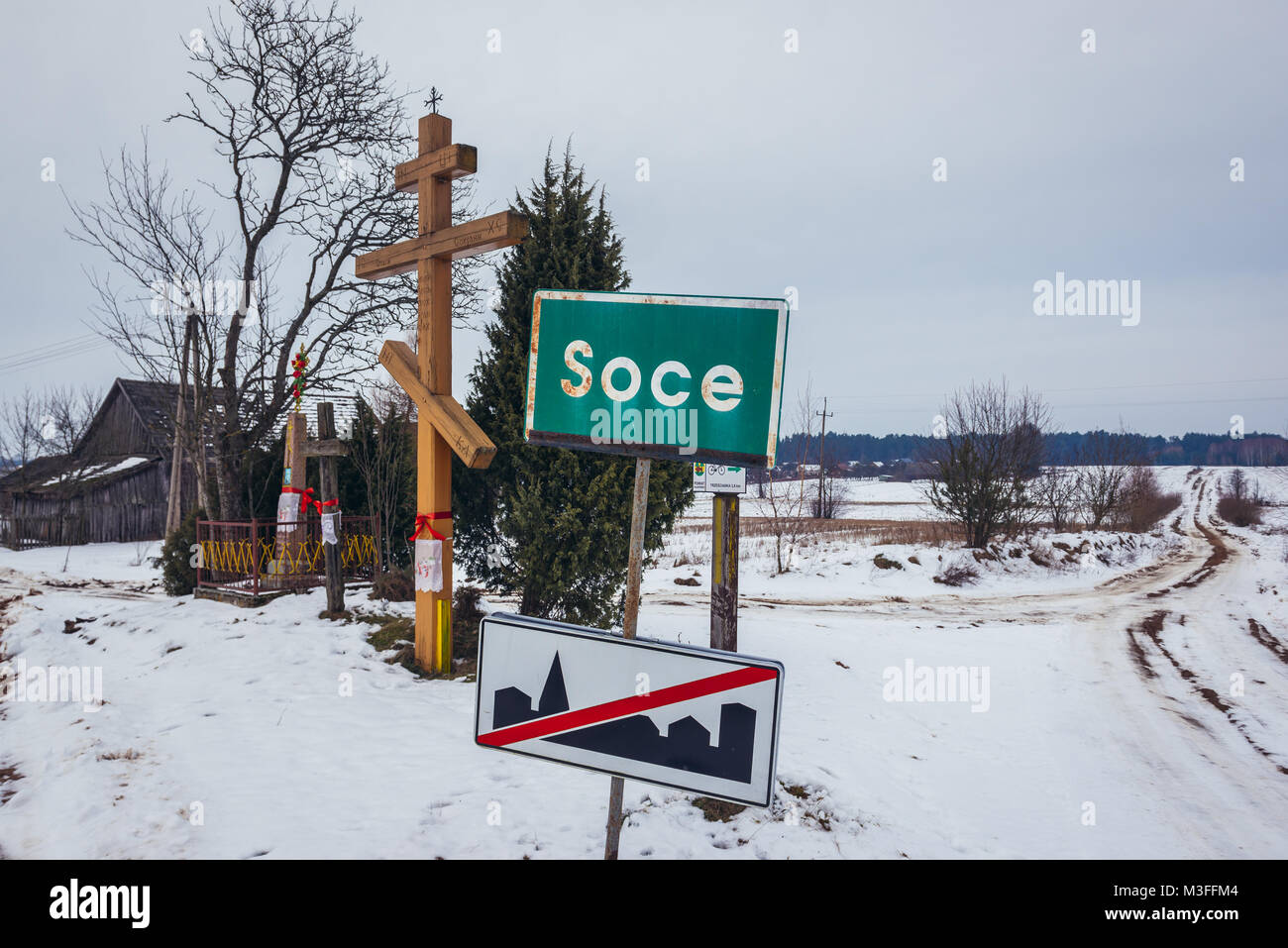 Wayside Orthodox cross and town sign in Soce village in so called Land ...