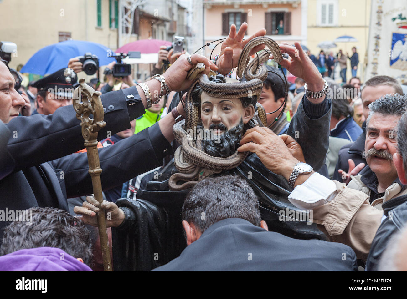 Cocullo, the statue of San Domenico is covered with snakes and carried ...