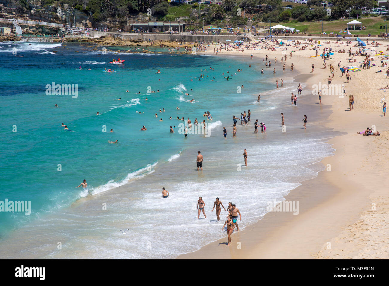 Aerial view of people on Bronte beach in Sydney eastern suburbs on a ...