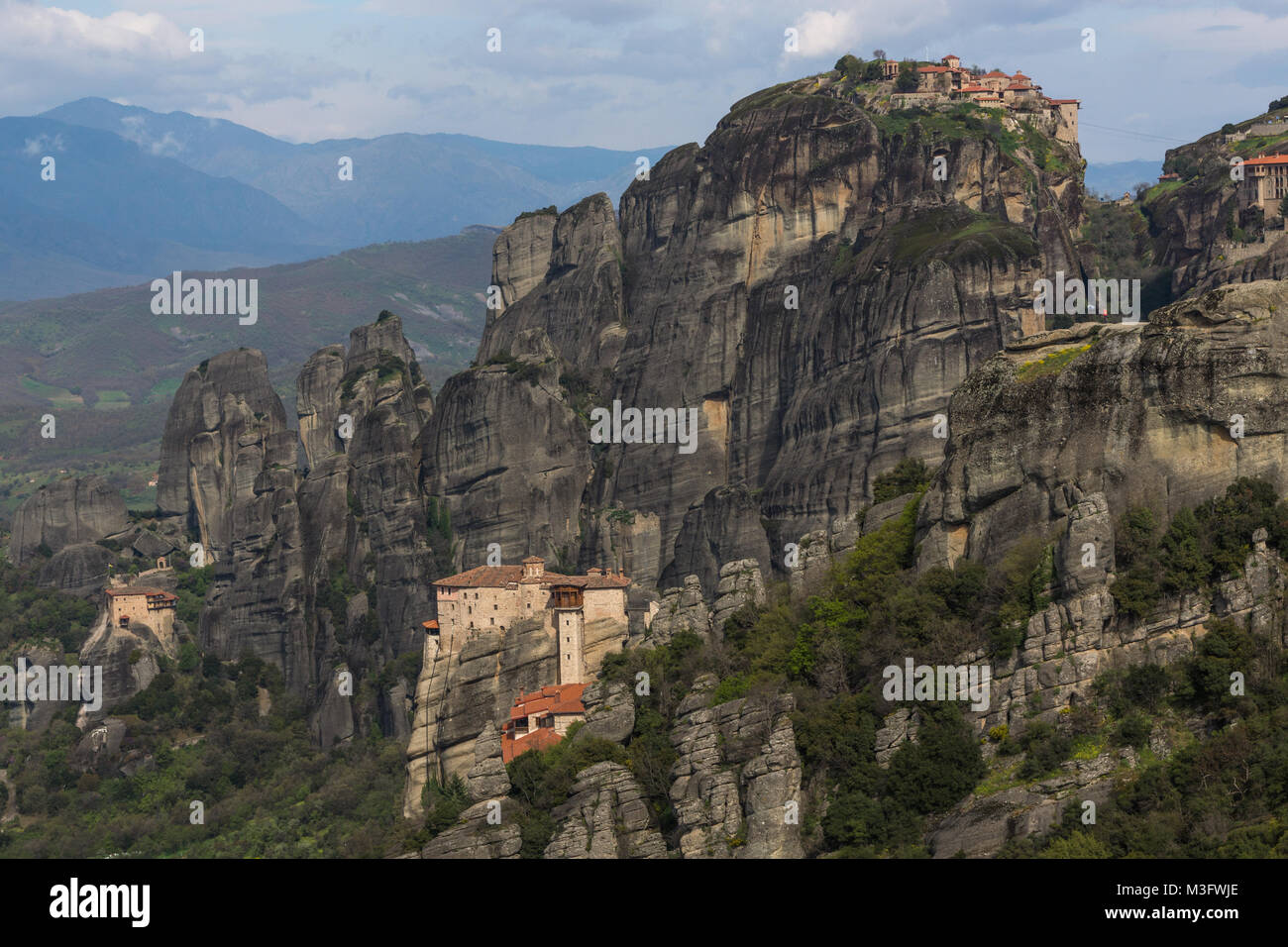 Beautiful scenic view of orthodox monastery in the Greece mountains ...