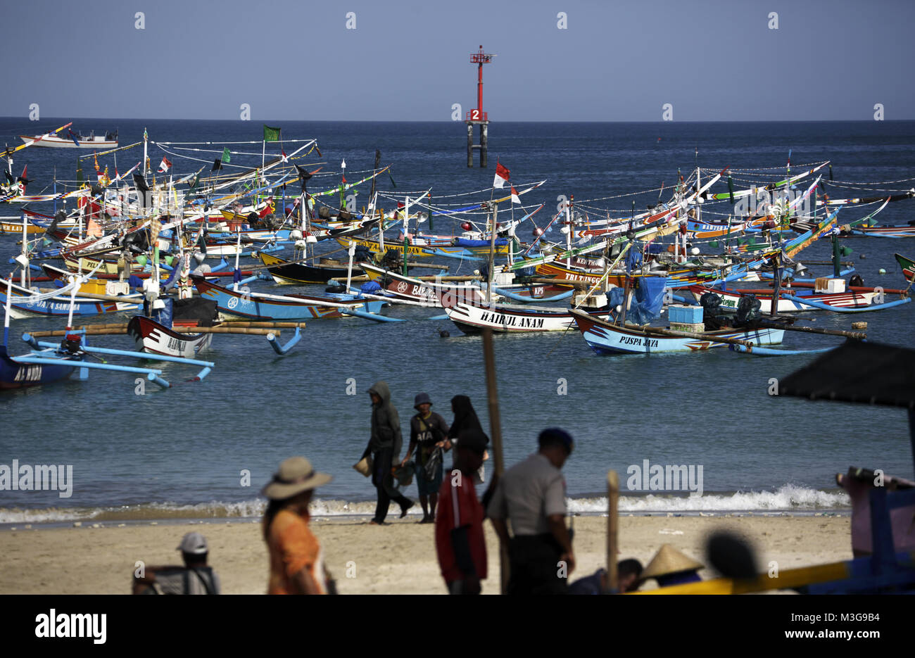 Fishing boats on Jimbaran beach.Jimbaran village.South of Kuta. Badung ...