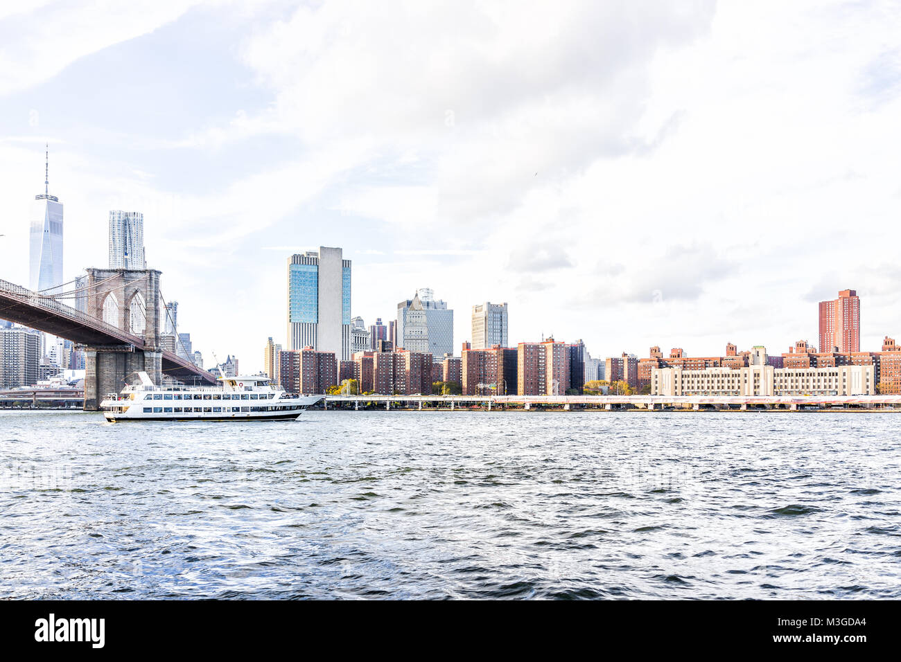 East river water with view of NYC New York City cityscape skyline ...