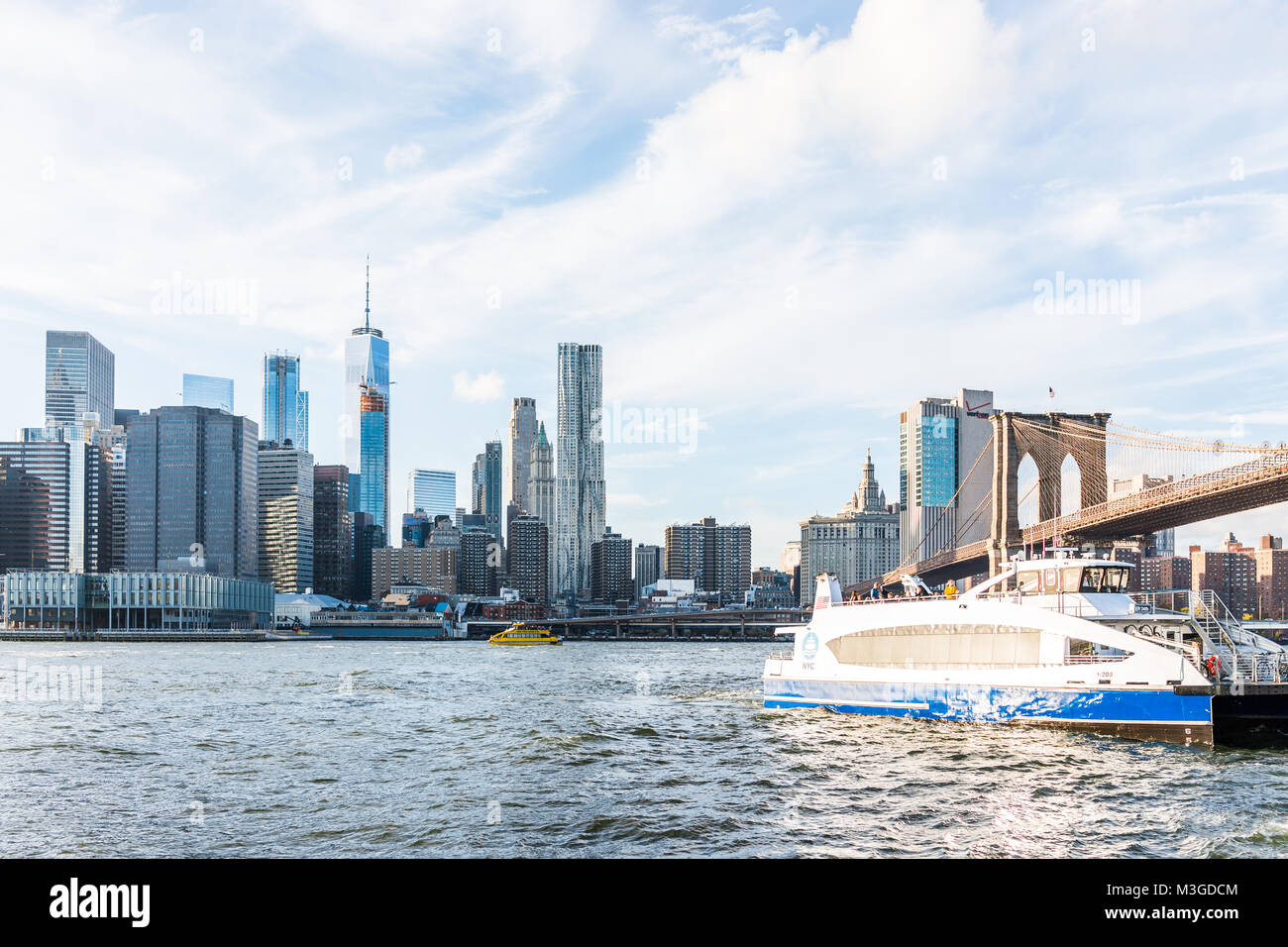 Brooklyn, USA - October 28, 2017: East river water with view of NYC New ...