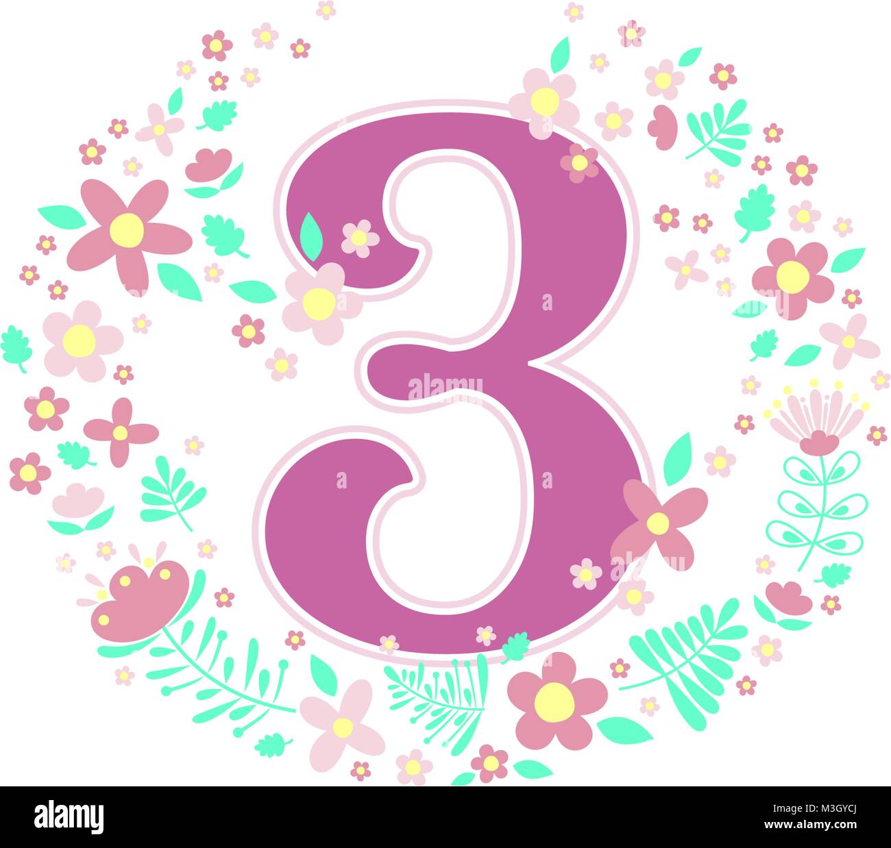 number 3 with decorative flowers and design elements isolated on white ...
