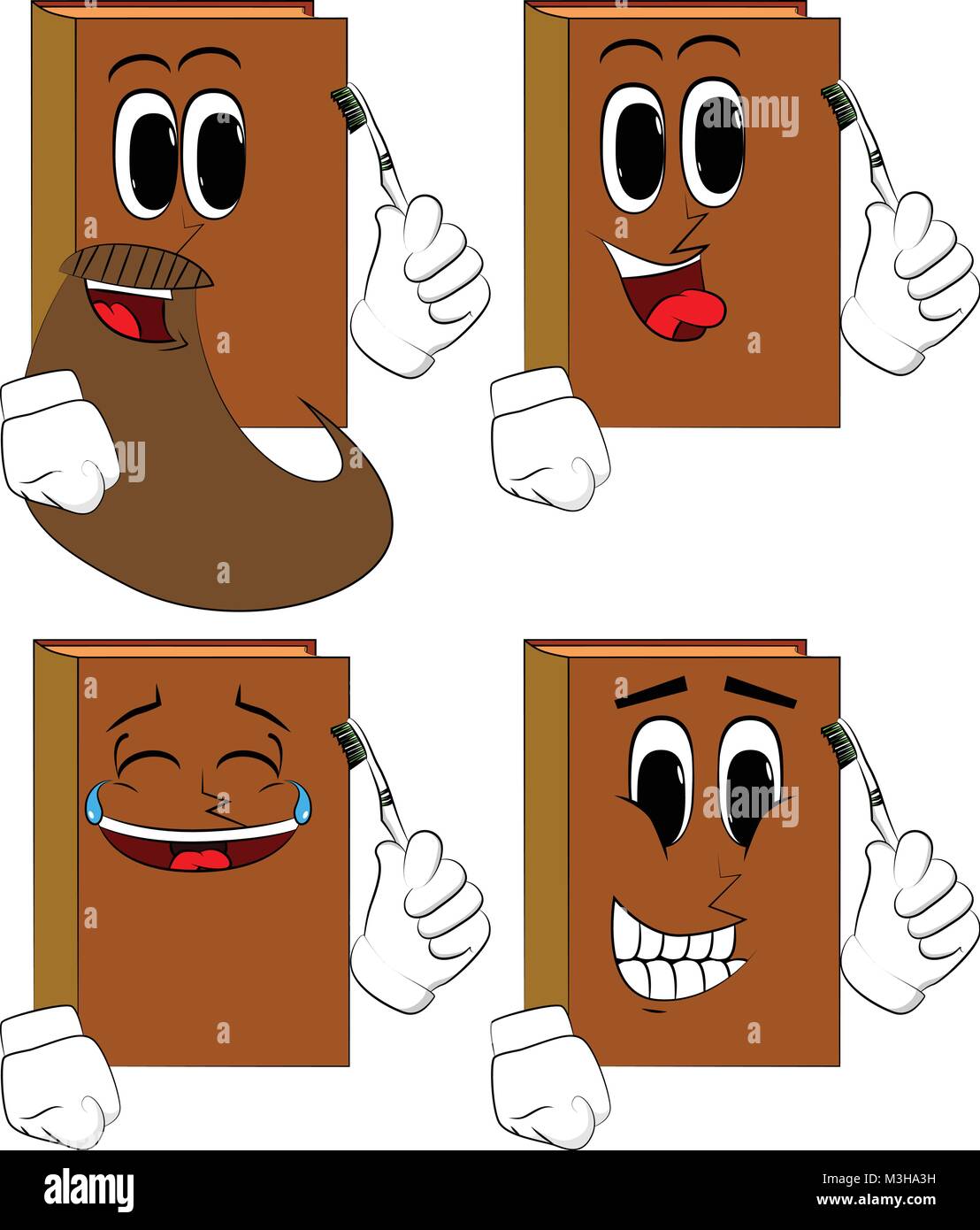 Books holding toothbrush. Cartoon book collection with happy faces ...