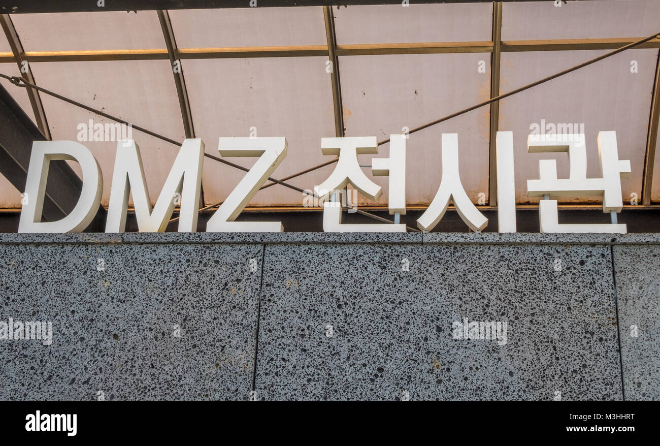 Sign at the demilitarized zone on the border between North Korea and ...