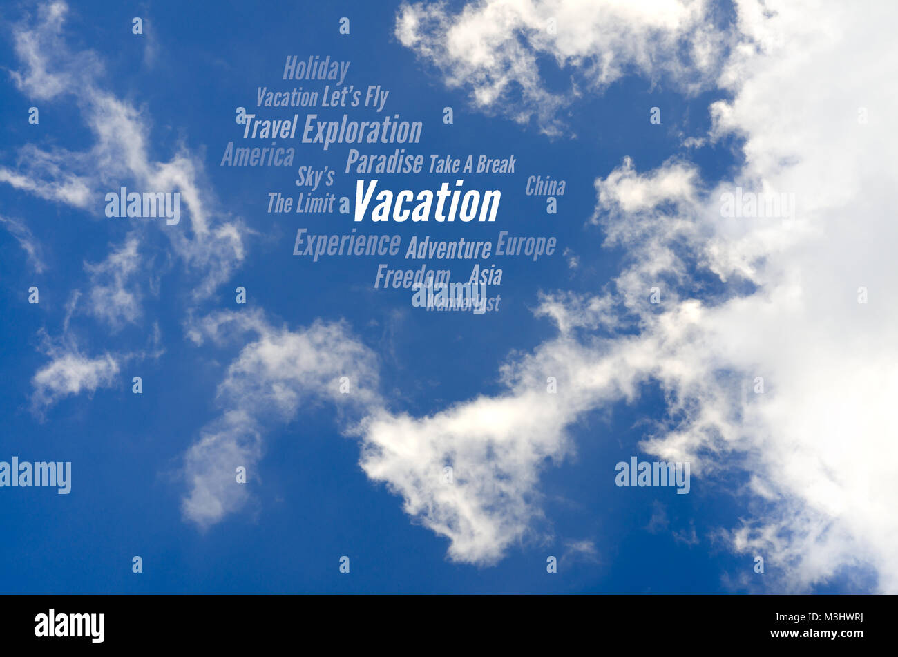Vacation, travel word cloud, blue sky & clouds Stock Photo - Alamy