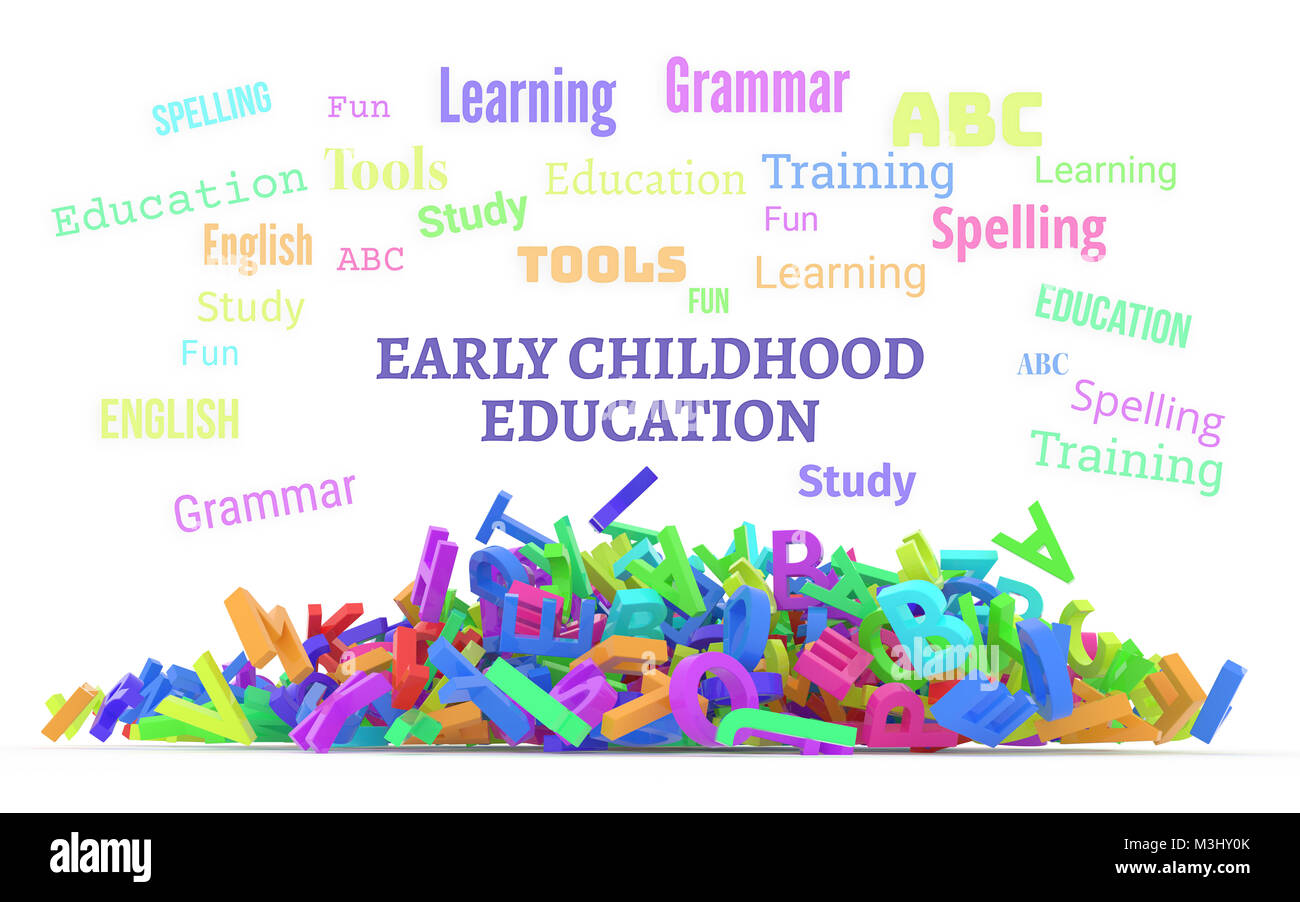 Early childhood education conceptual word cloud with stack of colorful ...