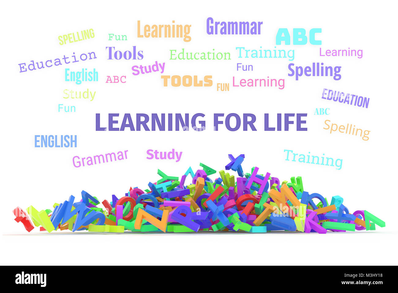Learning for life conceptual word cloud with stack of colorful ...