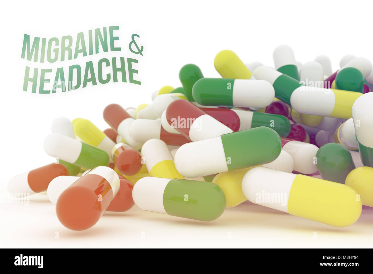 Migraine & headache, health conceptual with bunch of capsules, medicine ...