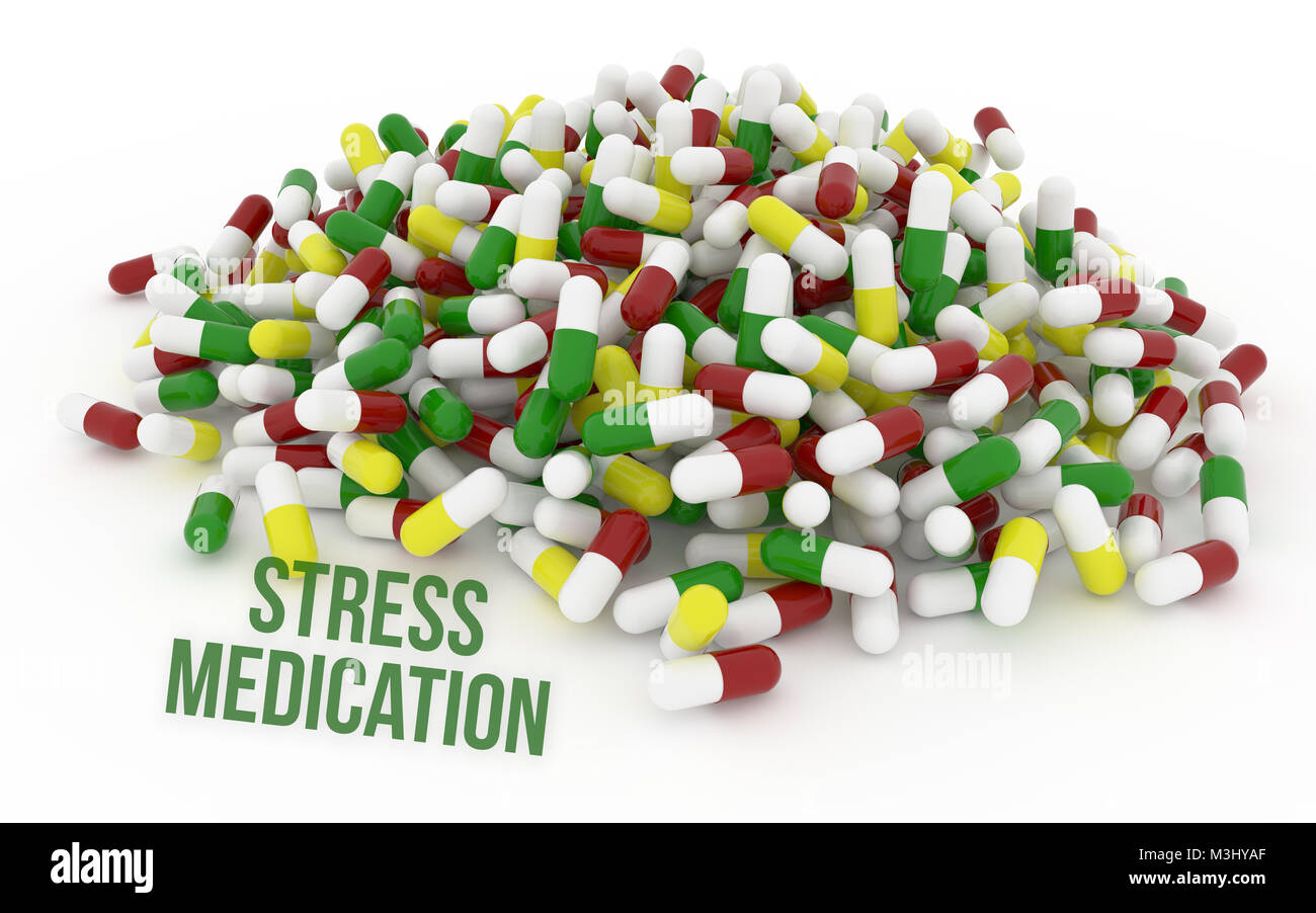 Stress medication, health conceptual with bunch of capsules, medicine ...
