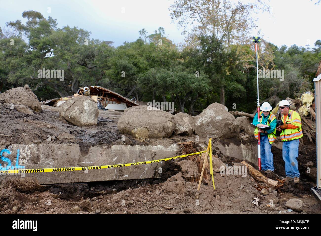 Montecito, California, USA. 19th Jan, 2018. Caltrans Surveyors begin to ...