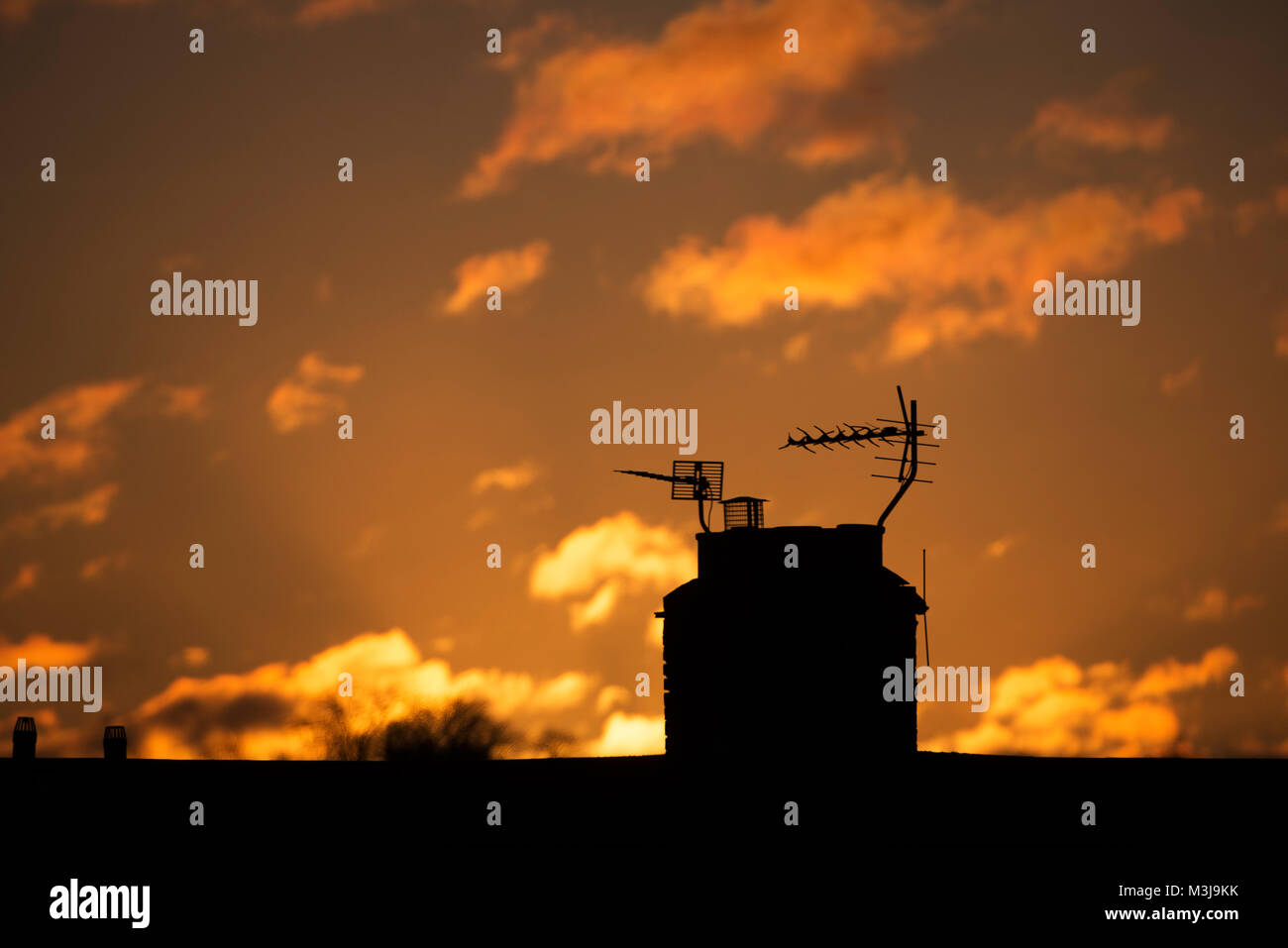 Merton, London, UK. 11 February, 2018. Orange sunrise silhouettes ...