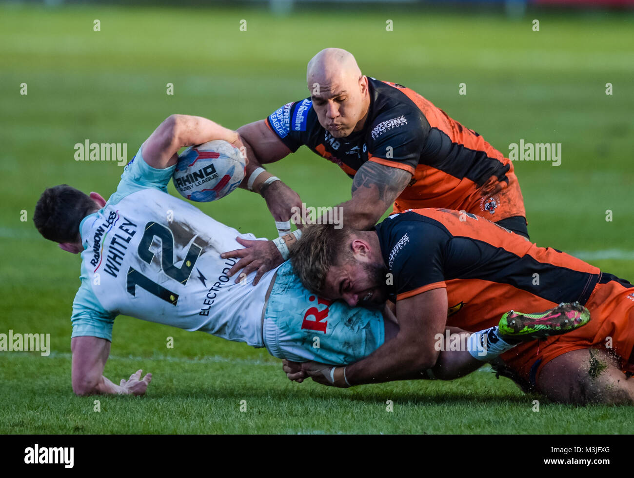 UK. 11th February, 2018. Widnes Vikings Matt Whitley is brought to the ...
