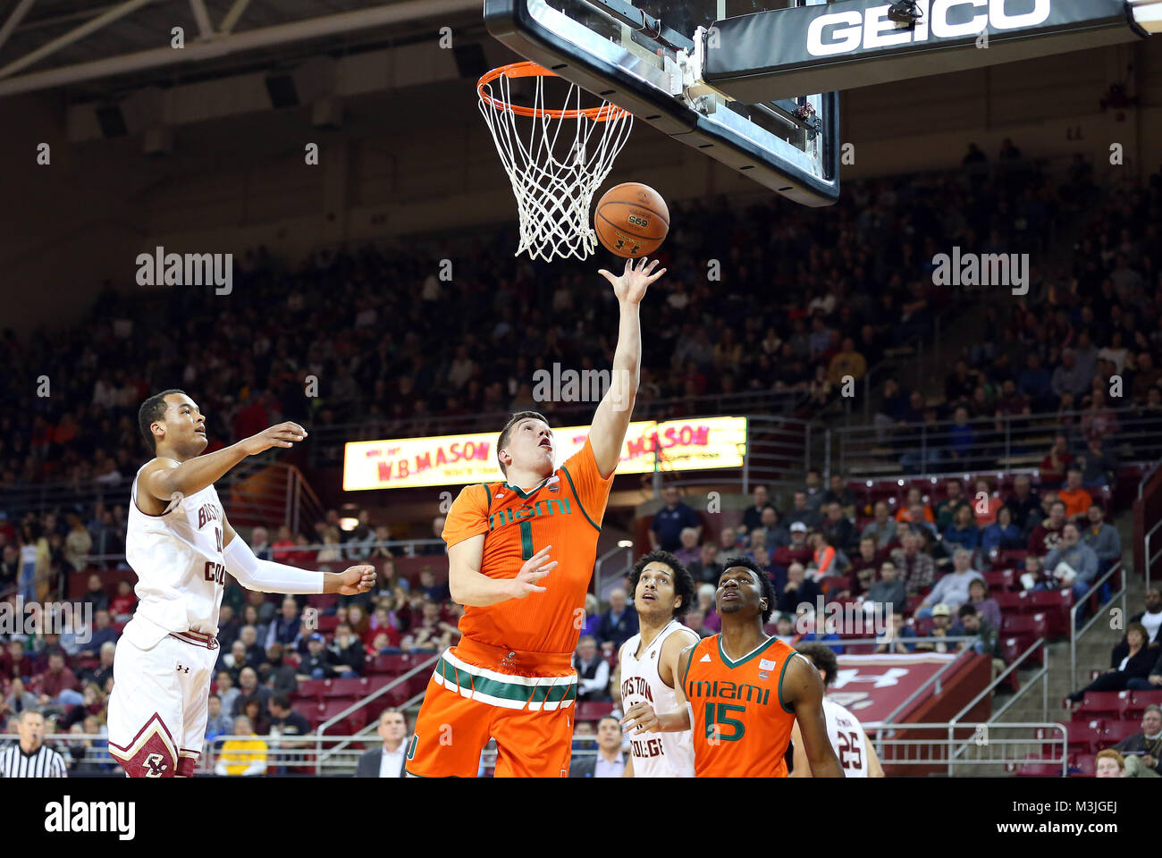 Conte Forum. 10th Feb, 2018. MA, USA; Miami (Fl) Hurricanes guard Dejan ...