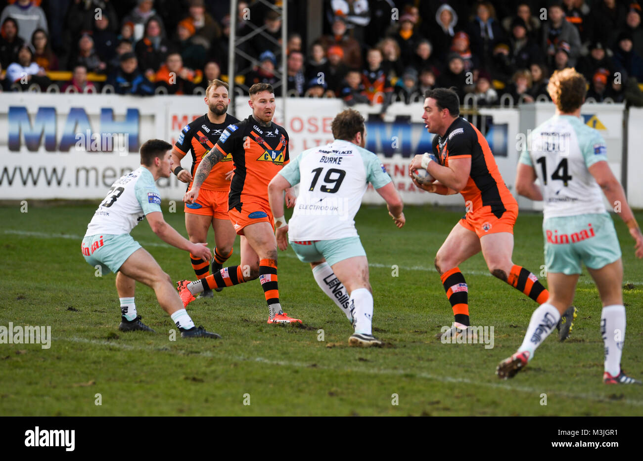 UK. 11th February, 2018. Widnes Vikings' Danny Walker and Greg Burke go ...