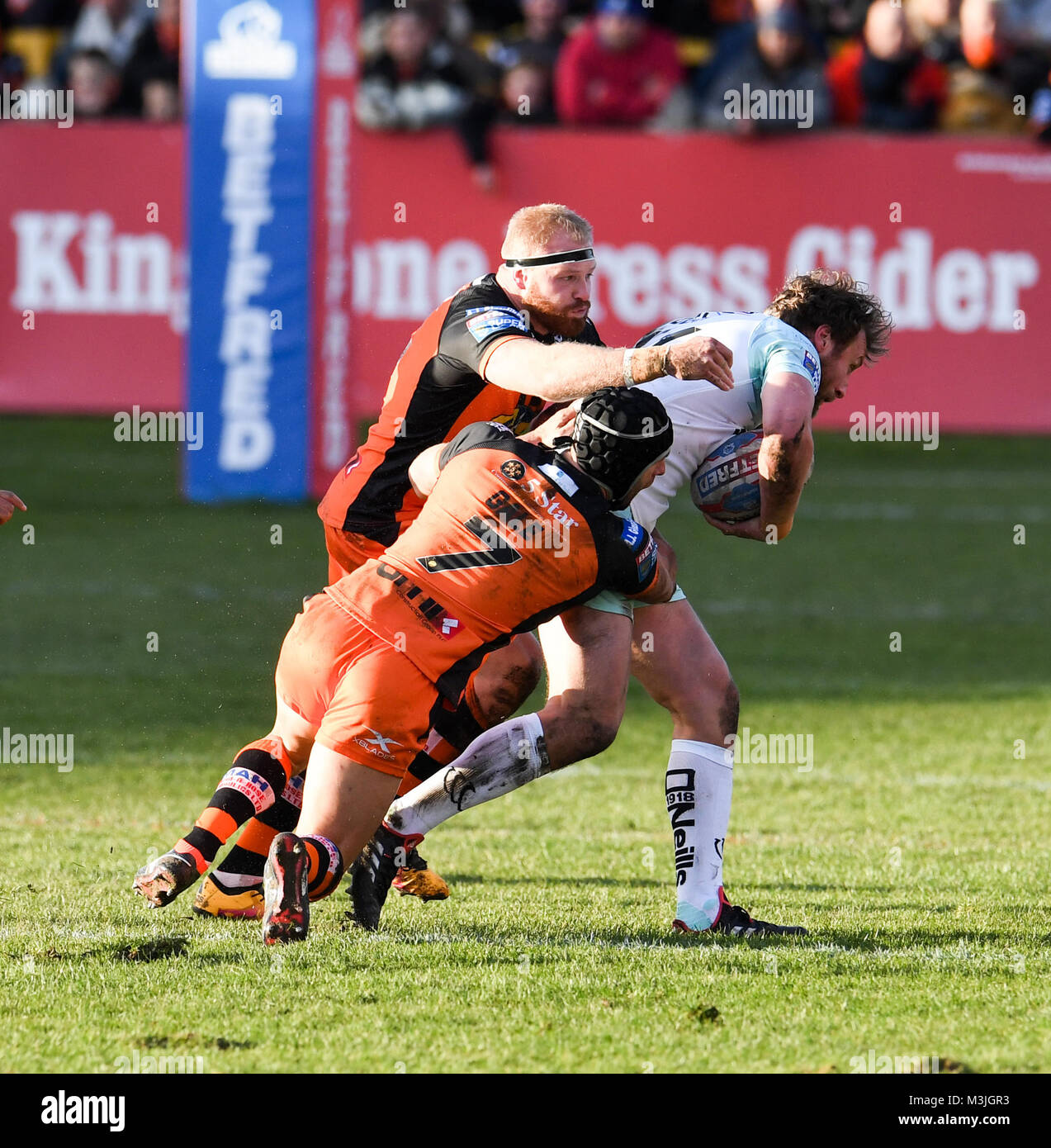 UK. 11th February, 2018. Castleford Tigers' Luke Gale and Oliver Holmes ...