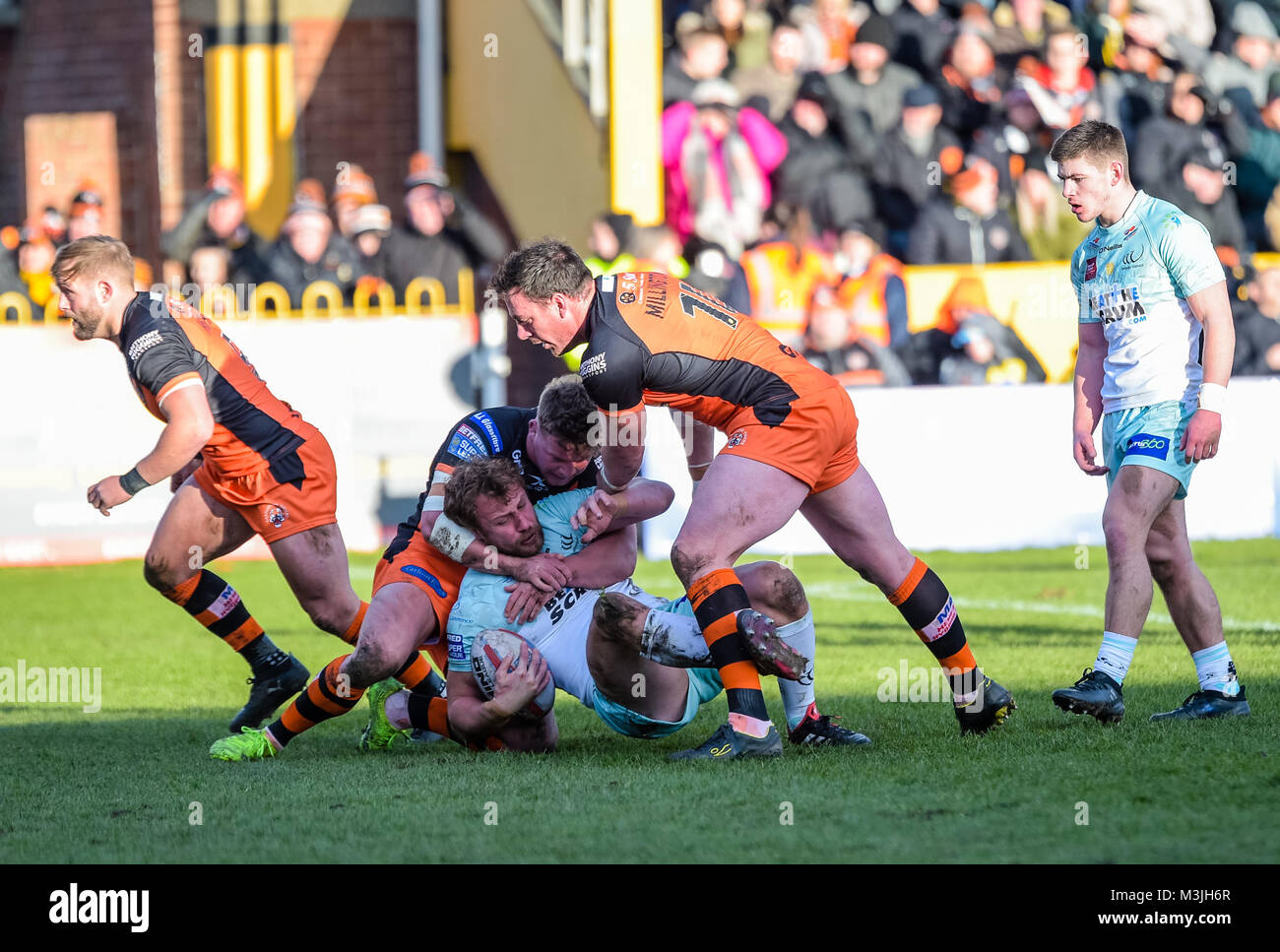 UK. 11th February, 2018. Widnes Vikings Chris Dean goes to ground ...