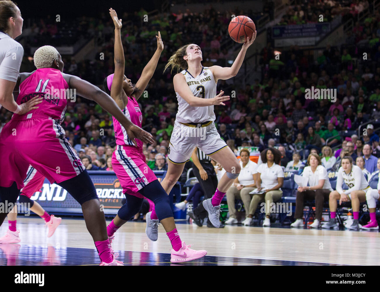 February 11, 2018: Notre Dame guard Marina Mabrey (3) goes up for a ...