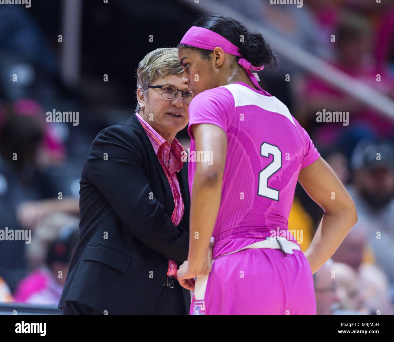 February 11, 2018: head coach Holly Warlick speaks with Evina Westbrook ...