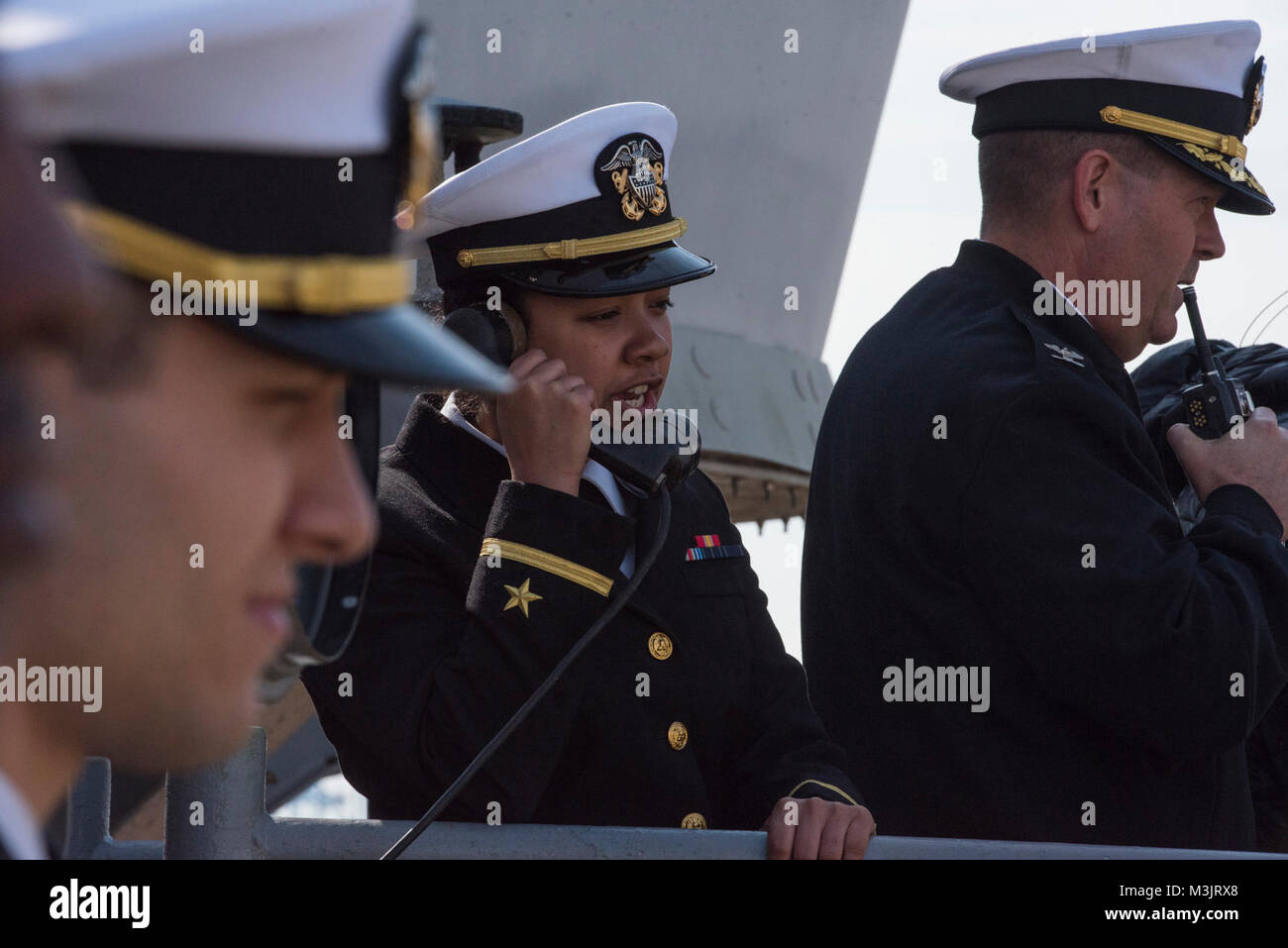 MOBILE, Ala. (Feb. 9, 2018) Ensign Danielle Poblarp, conning officer of the guided-missile ...