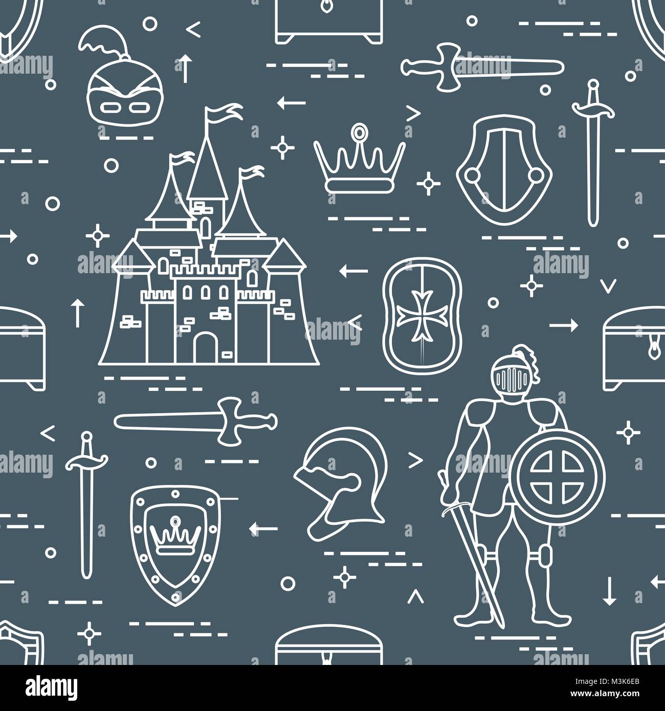 Seamless pattern with knight, castle, shields, swords, cuirass, helmet ...