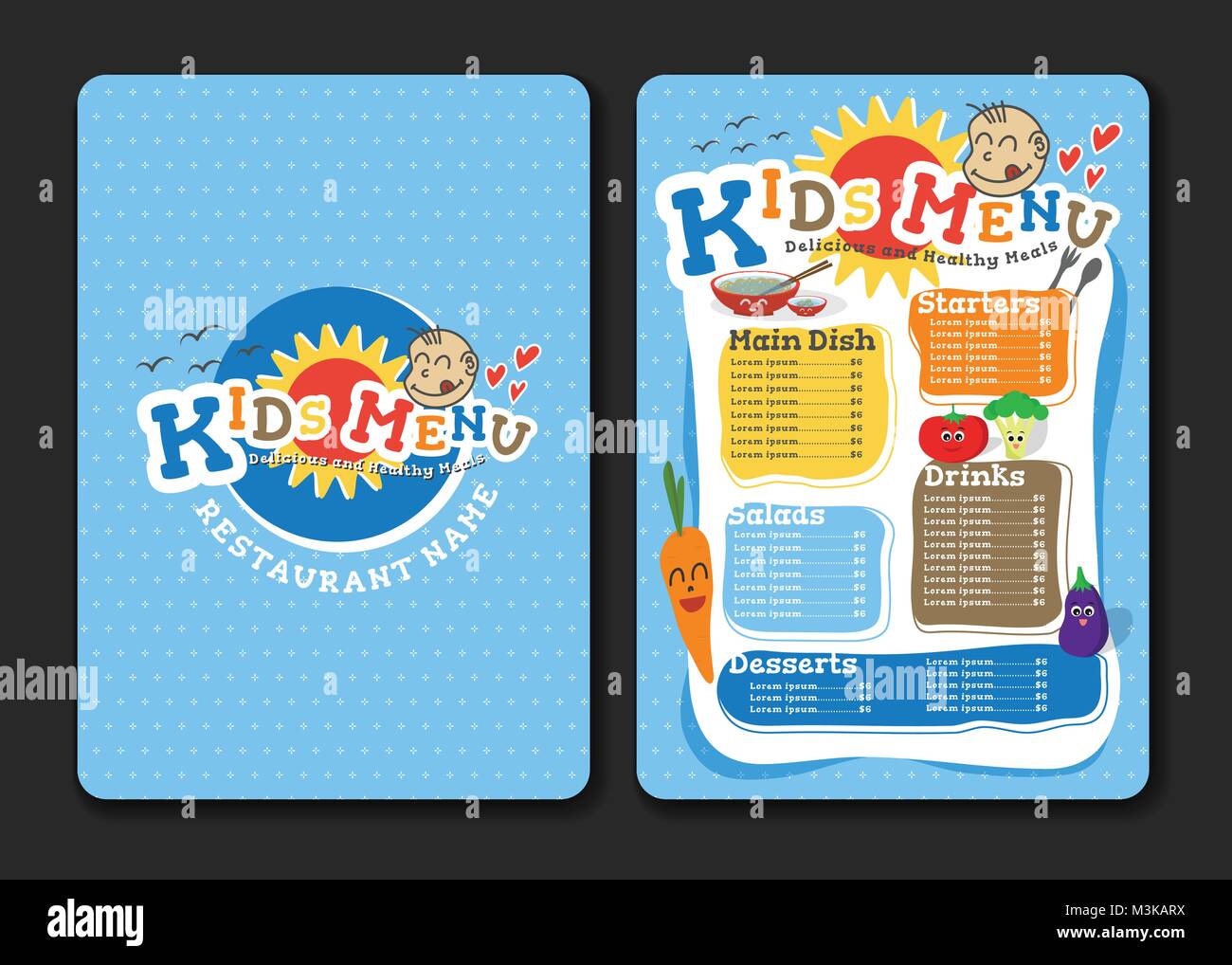 2 pages Kids menu design with vegetable for restaurant. Vector ...