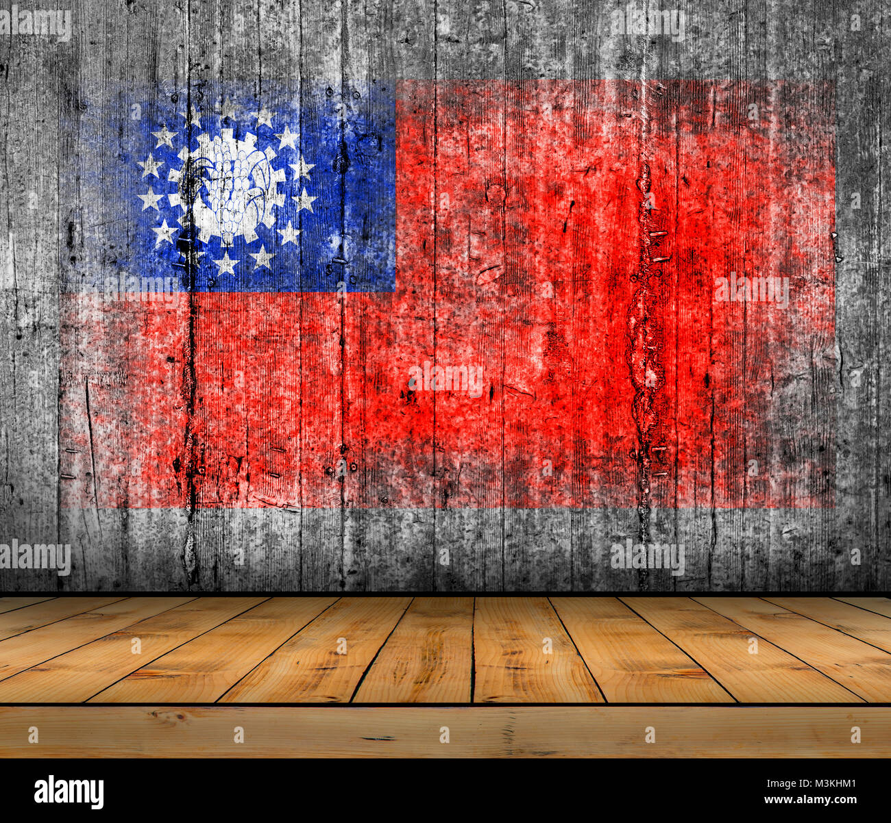 Burma flag painted on background texture gray concrete with wooden ...